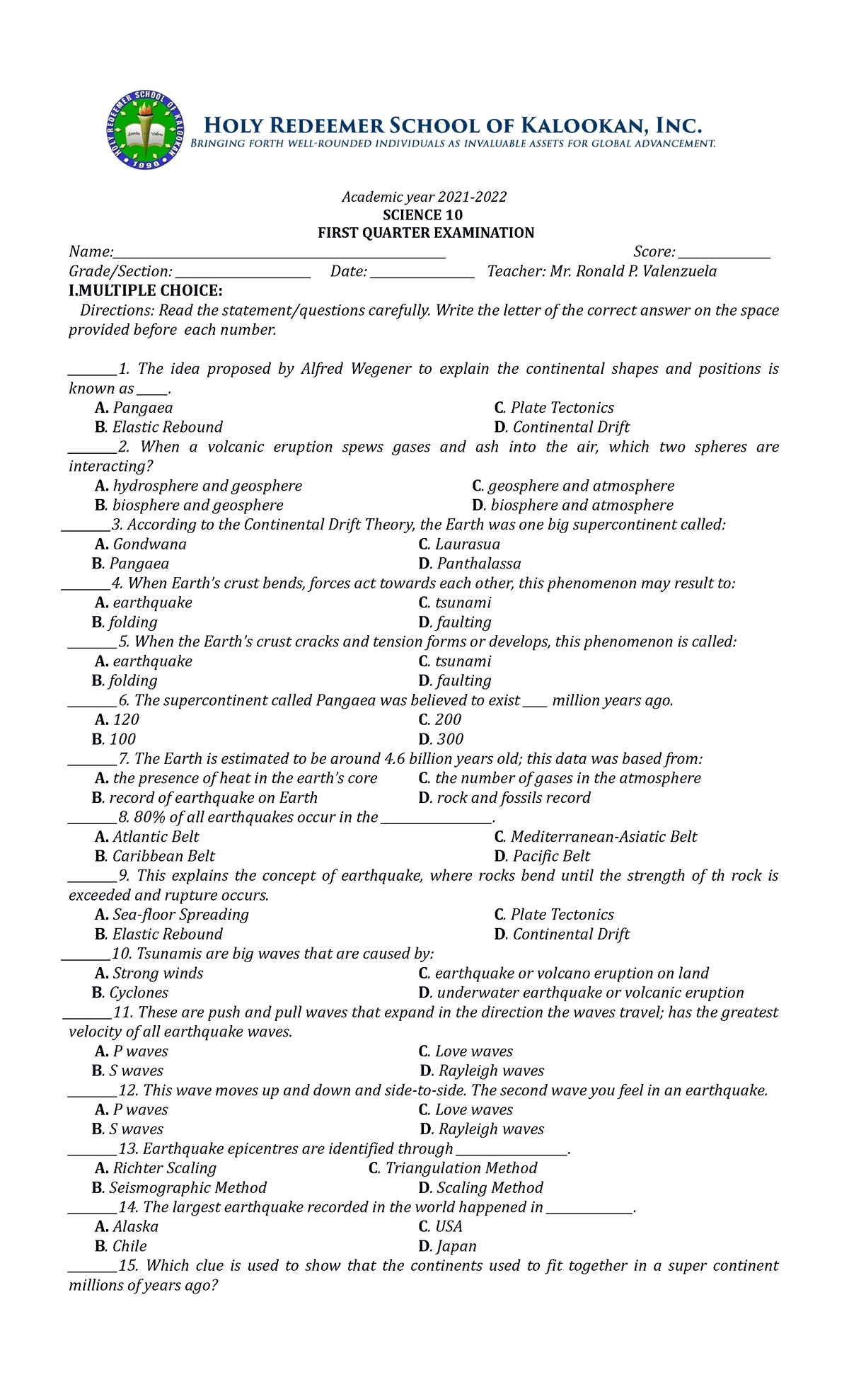 541743881 Science 10 1st Quarter Exam - Academic year 2021- SCIENCE 10 ...
