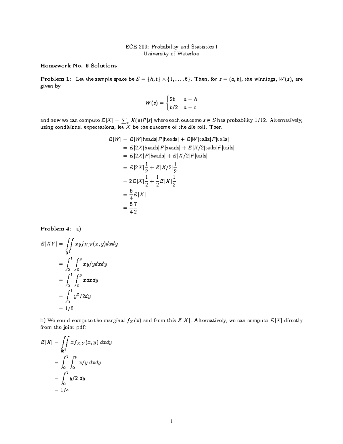Homework 6 solution - ECE 203: Probability and Statistics I University of Waterloo Homework No ...