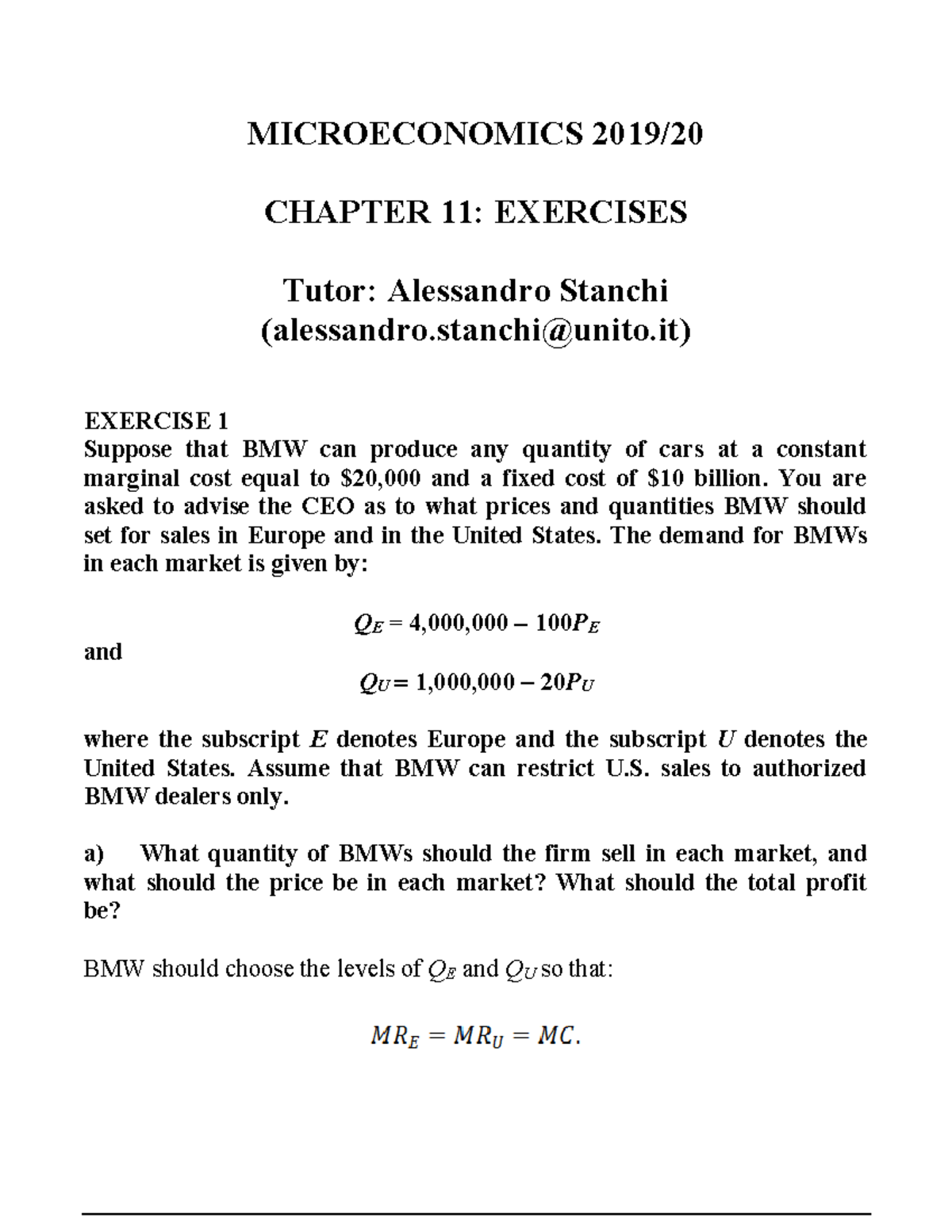Tutorial Microeconomics - MICROECONOMICS 2019/ CHAPTER 11: EXERCISES ...
