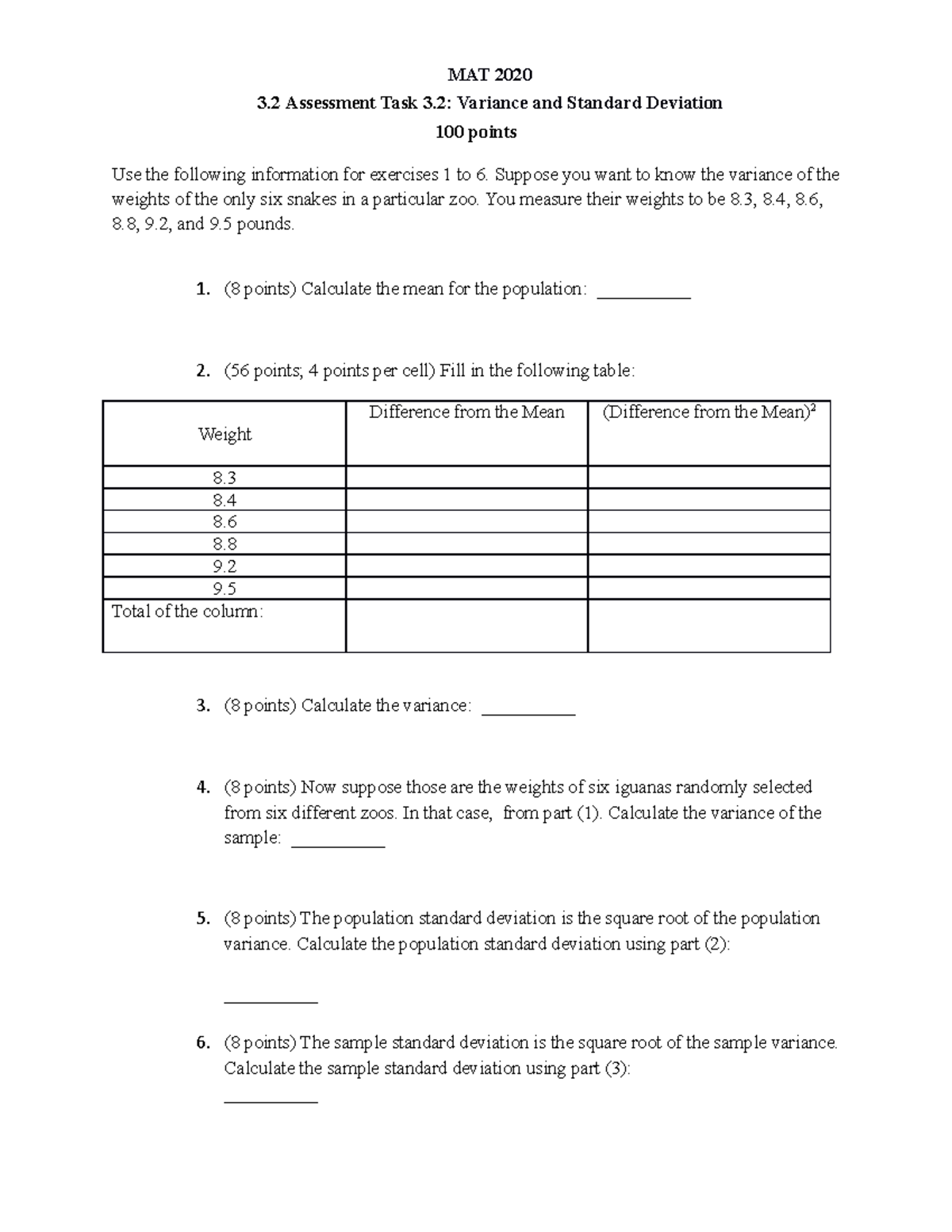 W3 Assignment Variance Standard Deviation - MAT 2020 3 Assessment Task 3: Variance and Standard ...