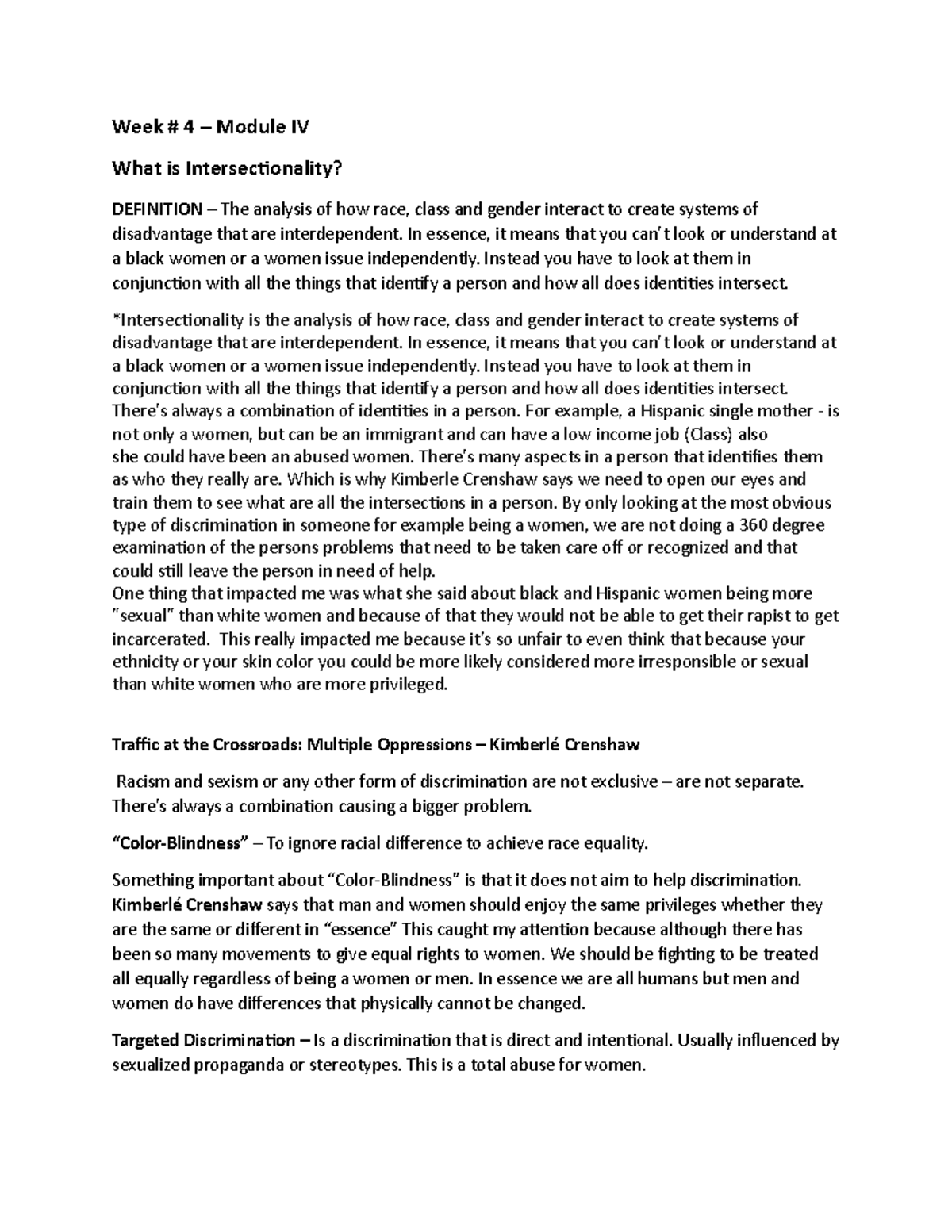 Week 4 - Intersectionality Notes and Test - Week # 4 – Module IV What ...