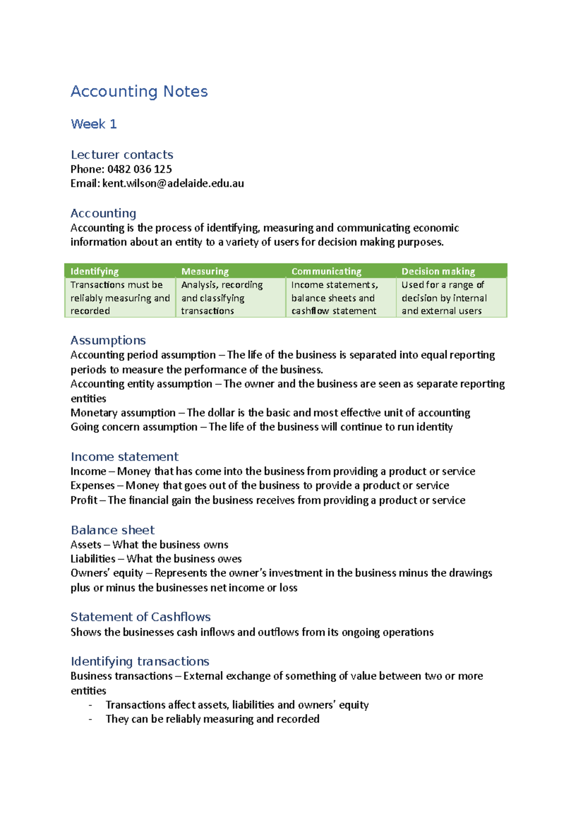 Accounting Notes - Accounting Notes Week 1 Lecturer contacts Phone ...