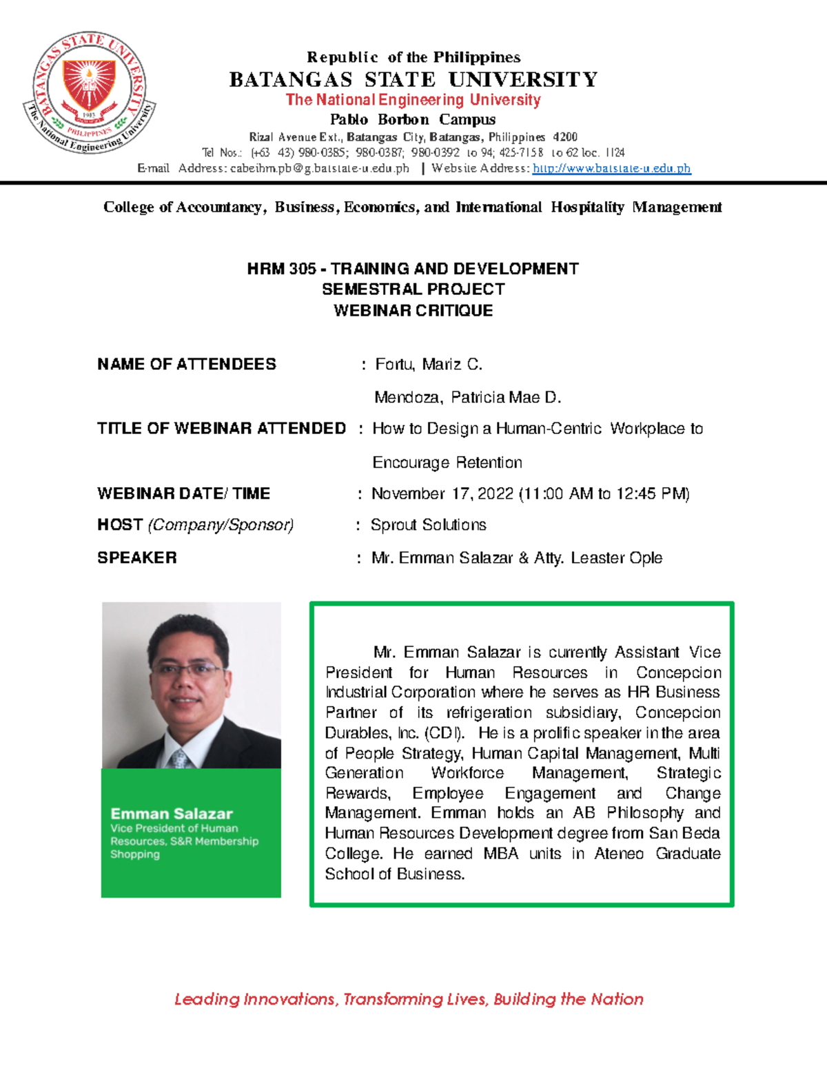 Webinar Critique - Semestral Project - BATANGAS STATE UNIVERSIT Y The ...