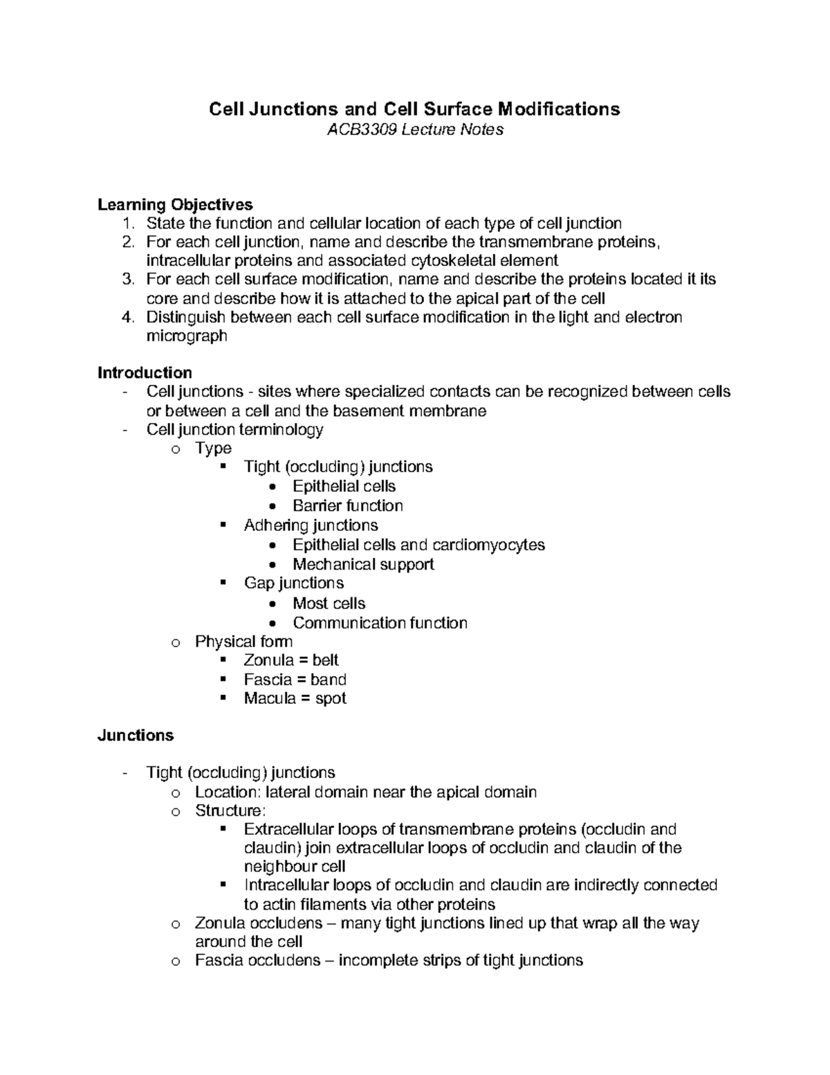 Lec 5 Cell Junctions and Cell Surface Modifications Notes - Cell ...