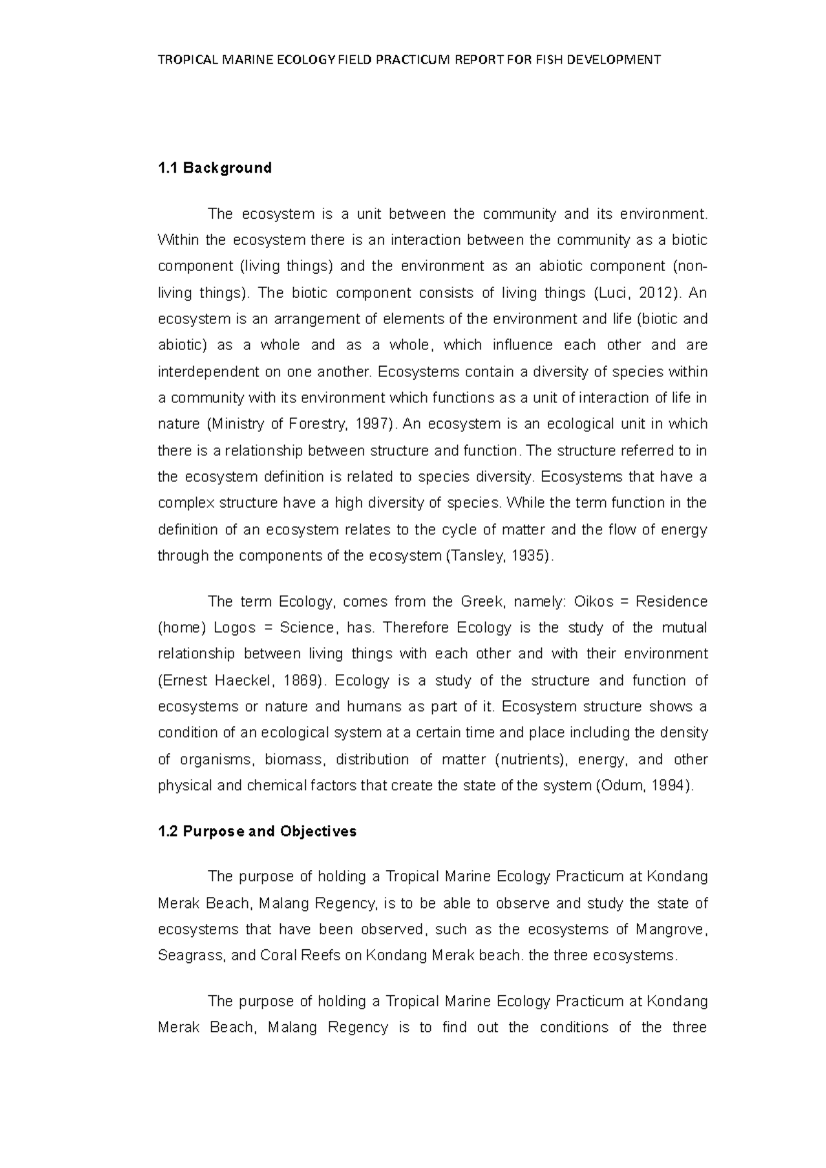 Tropical Marine Ecology Field Practicum Report FOR FISH Development - 1 ...