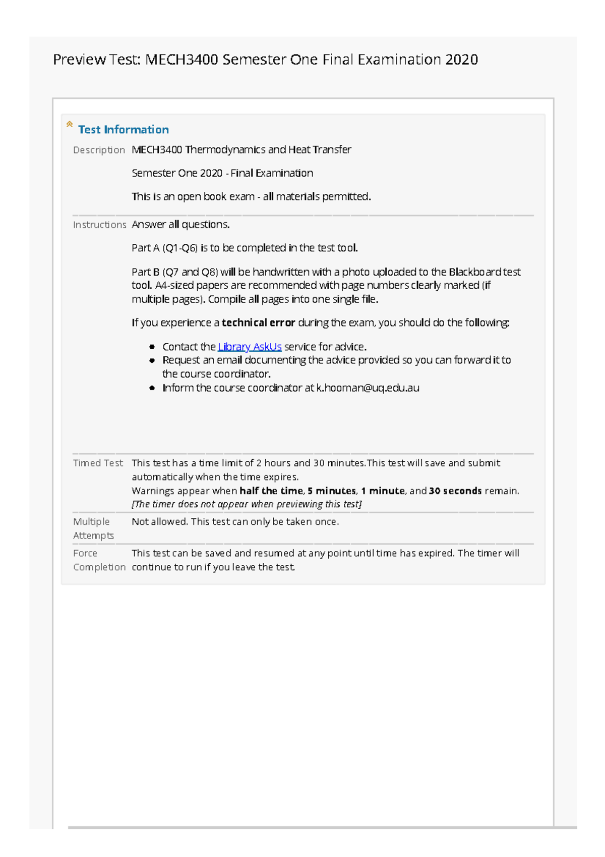 Semester One Final Examinations 2020 MECH3400 - Preview Test: MECH3400 ...