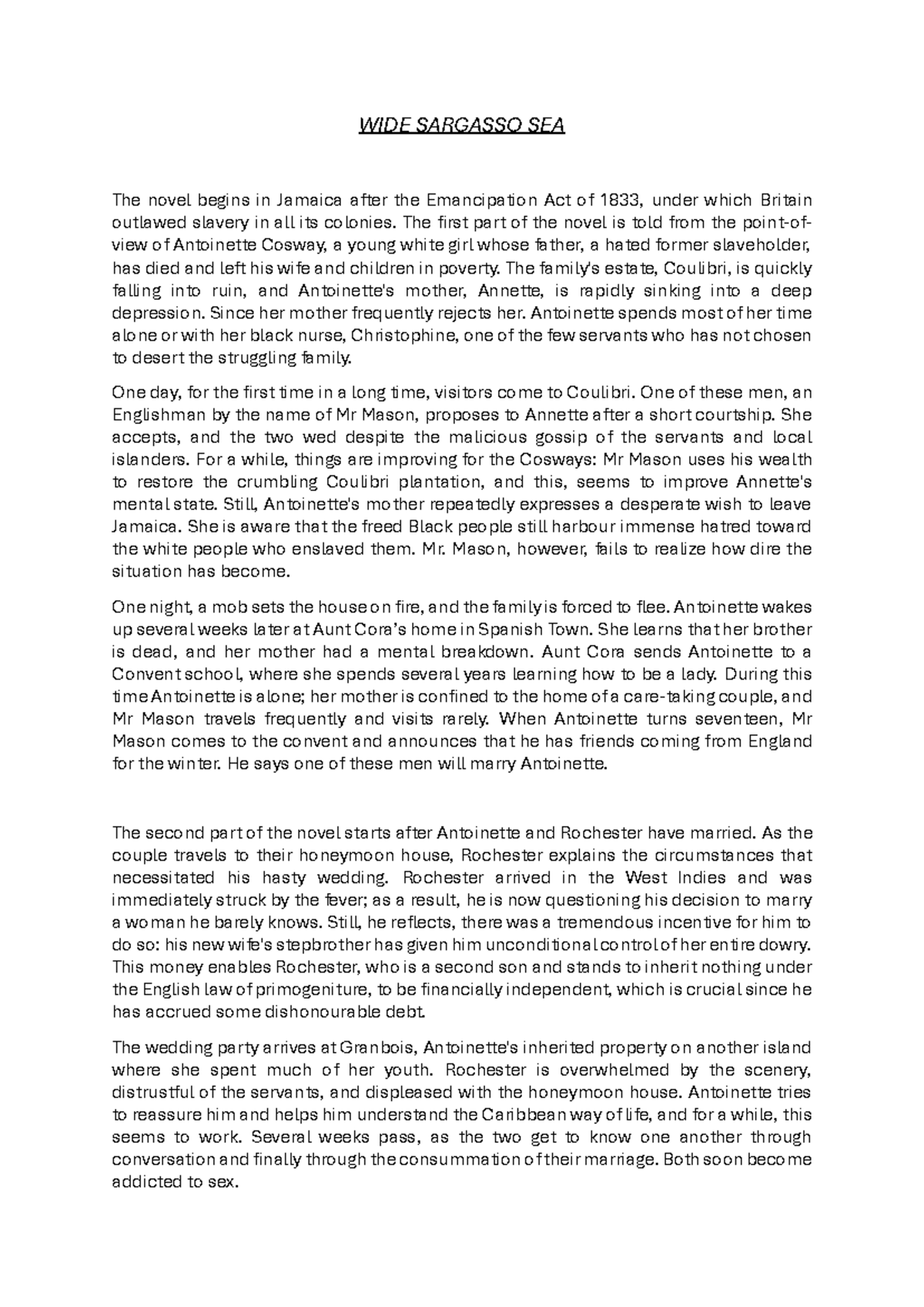 WIDE Sargasso SEA Summary - WIDE SARGASSO SEA The novel begins in ...
