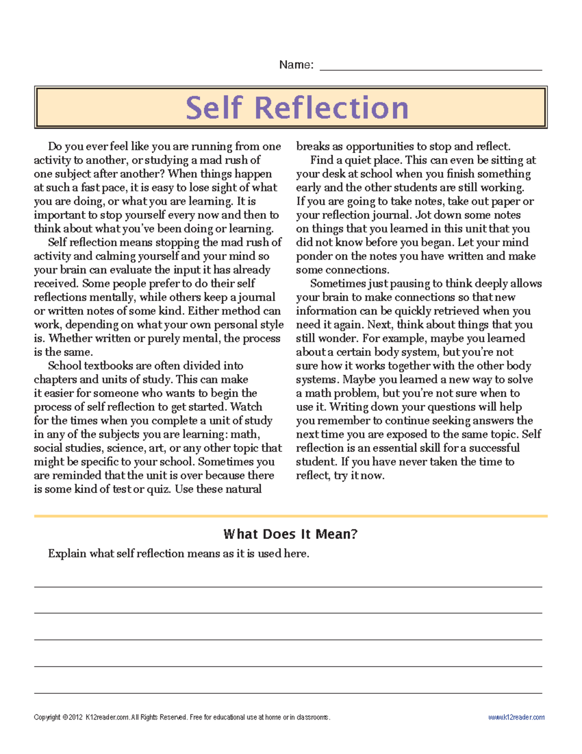 Reading Self Reflection - Copyright © 2012 K12reader. All Rights ...