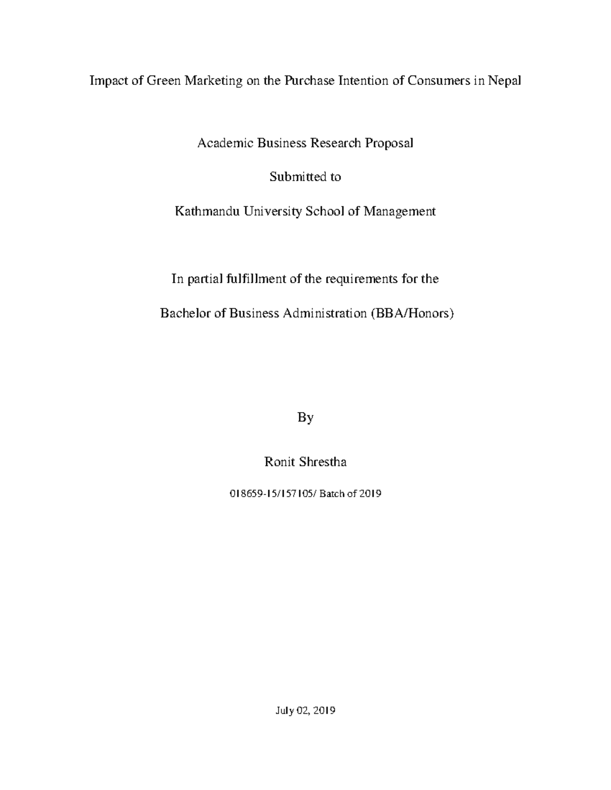 Ronit Shrestha Academic Research Proposal - Impact of Green Marketing ...