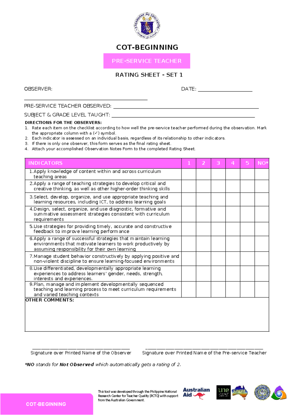 COT Beginning Set 1 Rating Sheet - RATING SHEET - SET 1 OBSERVER: - Studocu