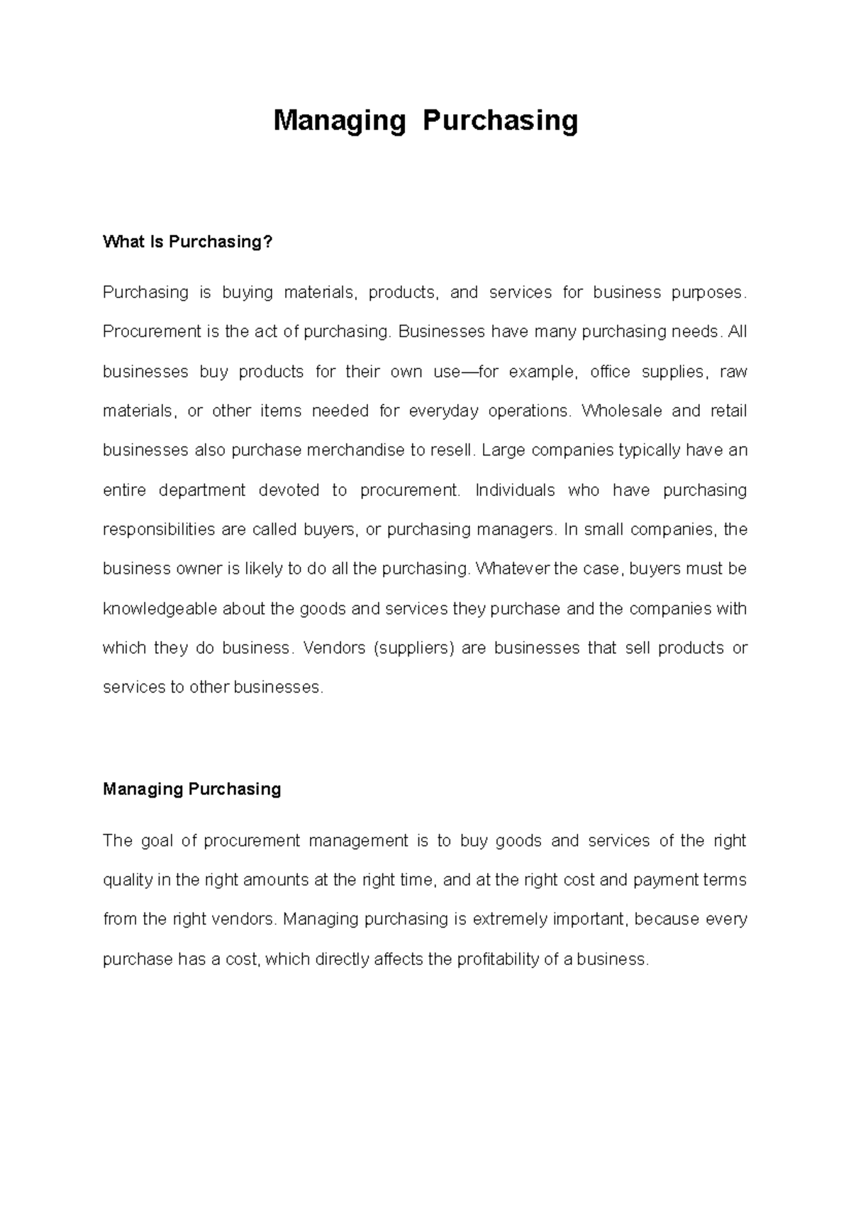 Managing Purchasing - notes that have an examples, definitions ...