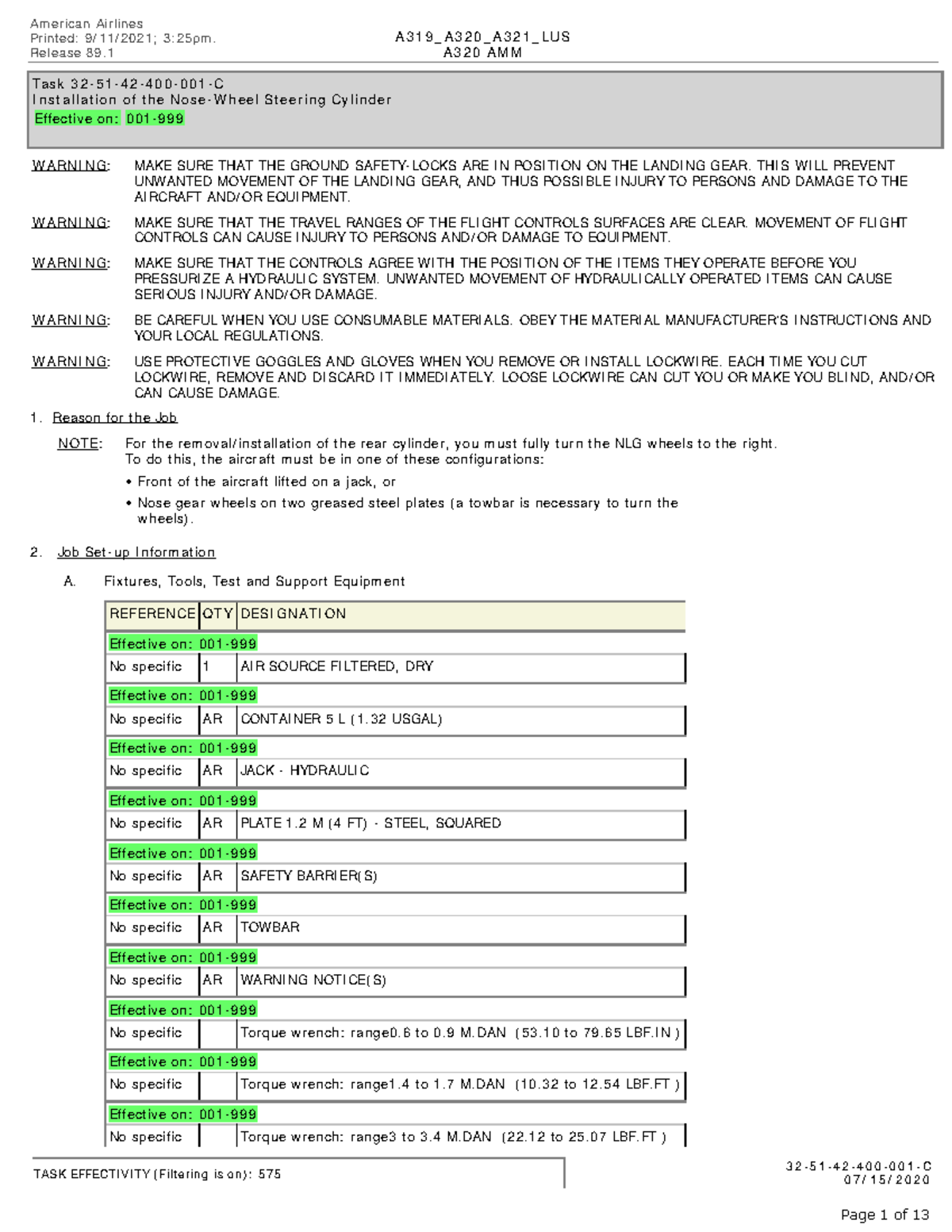 AMM task 32-51-42-400-001-C - Task 32-51-42-400-001-C Installation of the Nose-Wheel Steering ...