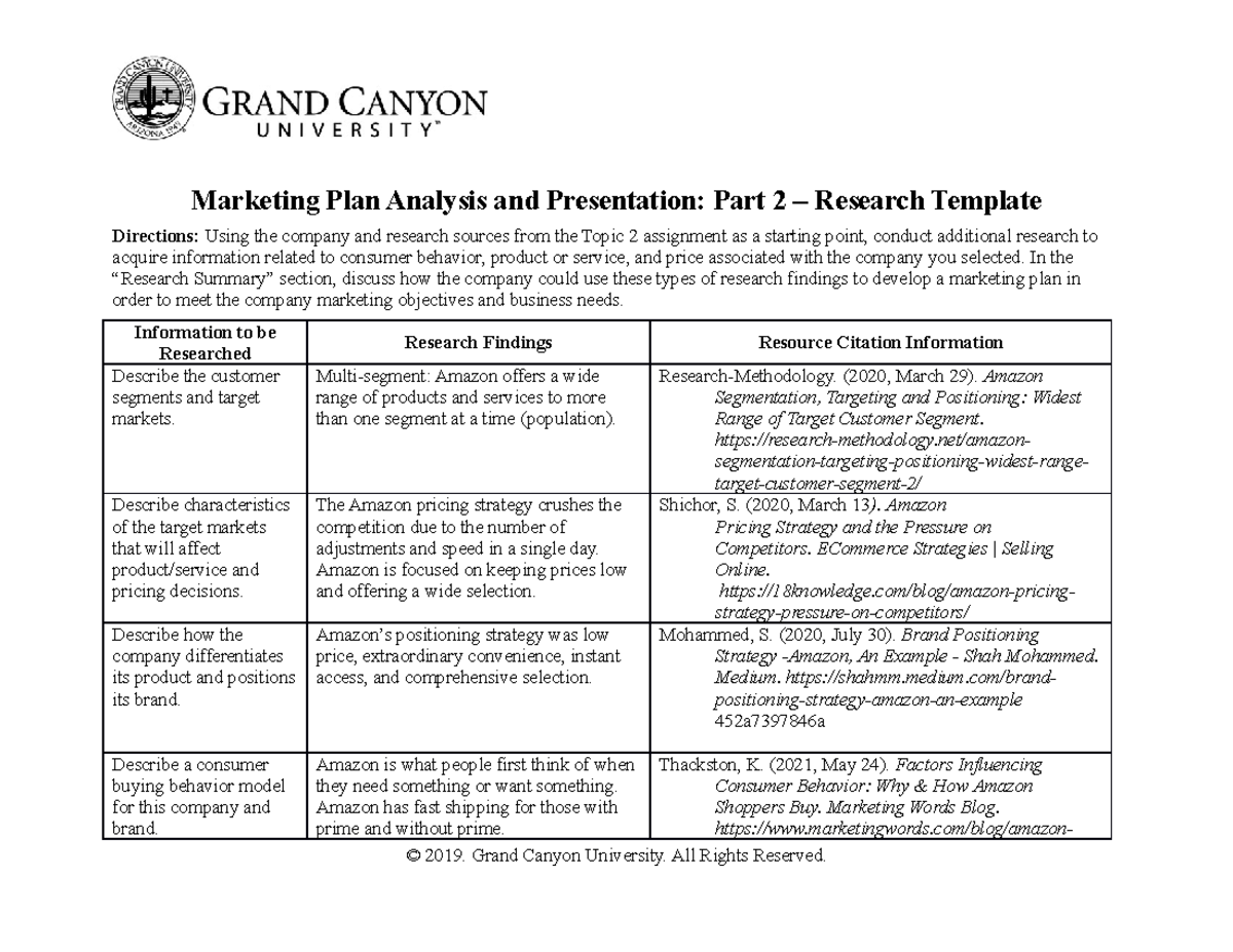 MKT 315 RS Marketing Plan Analysis and Presentation Part 2 Research ...