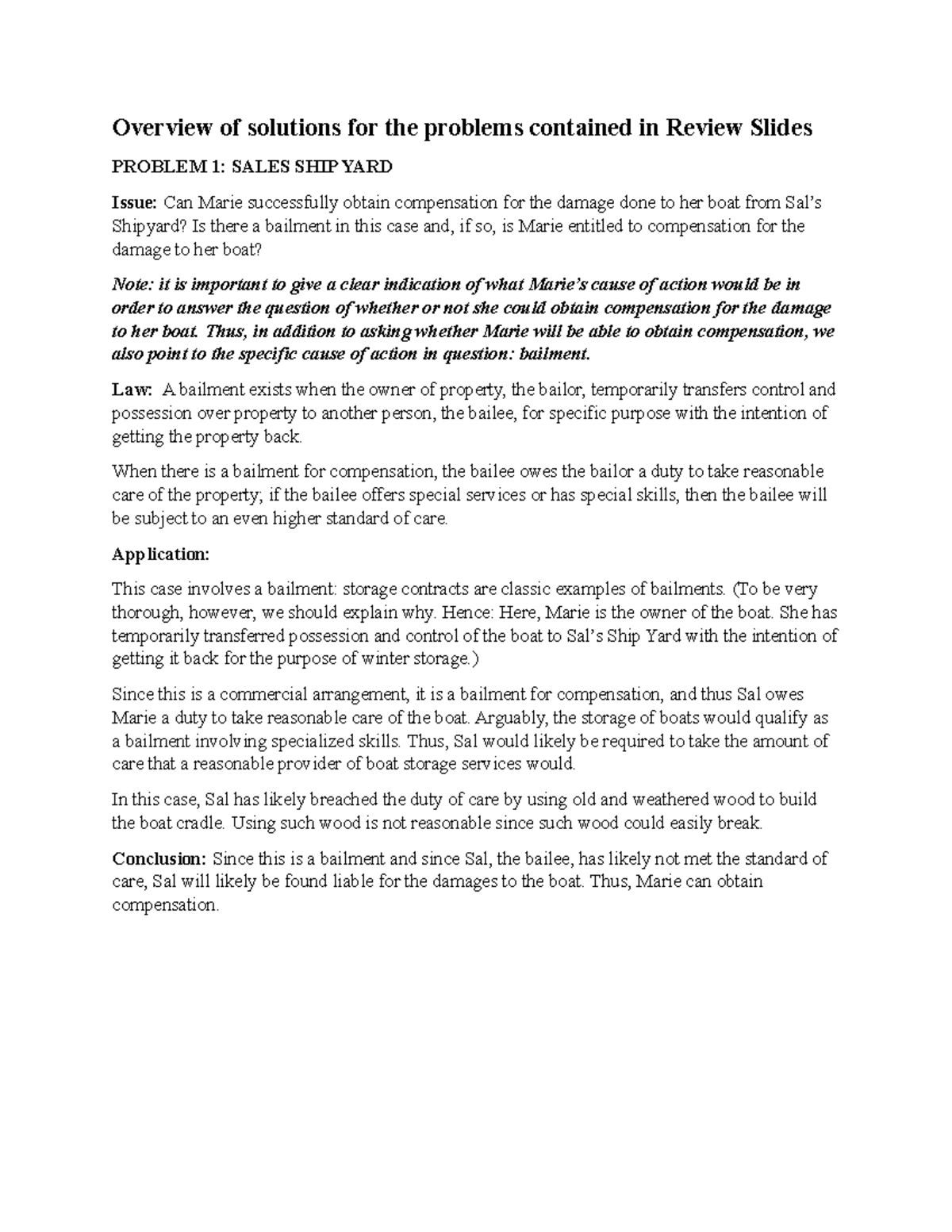 Overview of solutions for the problems contained in Review Slides ...