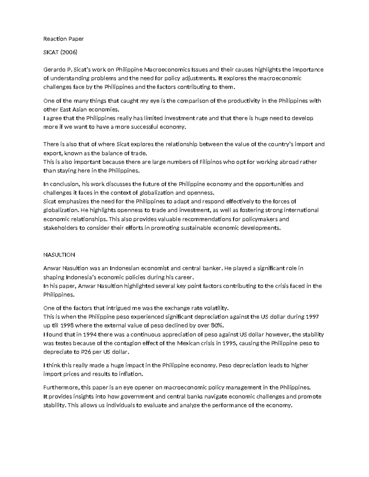 Reaction Paper Sicat & Nasultion - Reaction Paper SICAT (2006) Gerardo ...