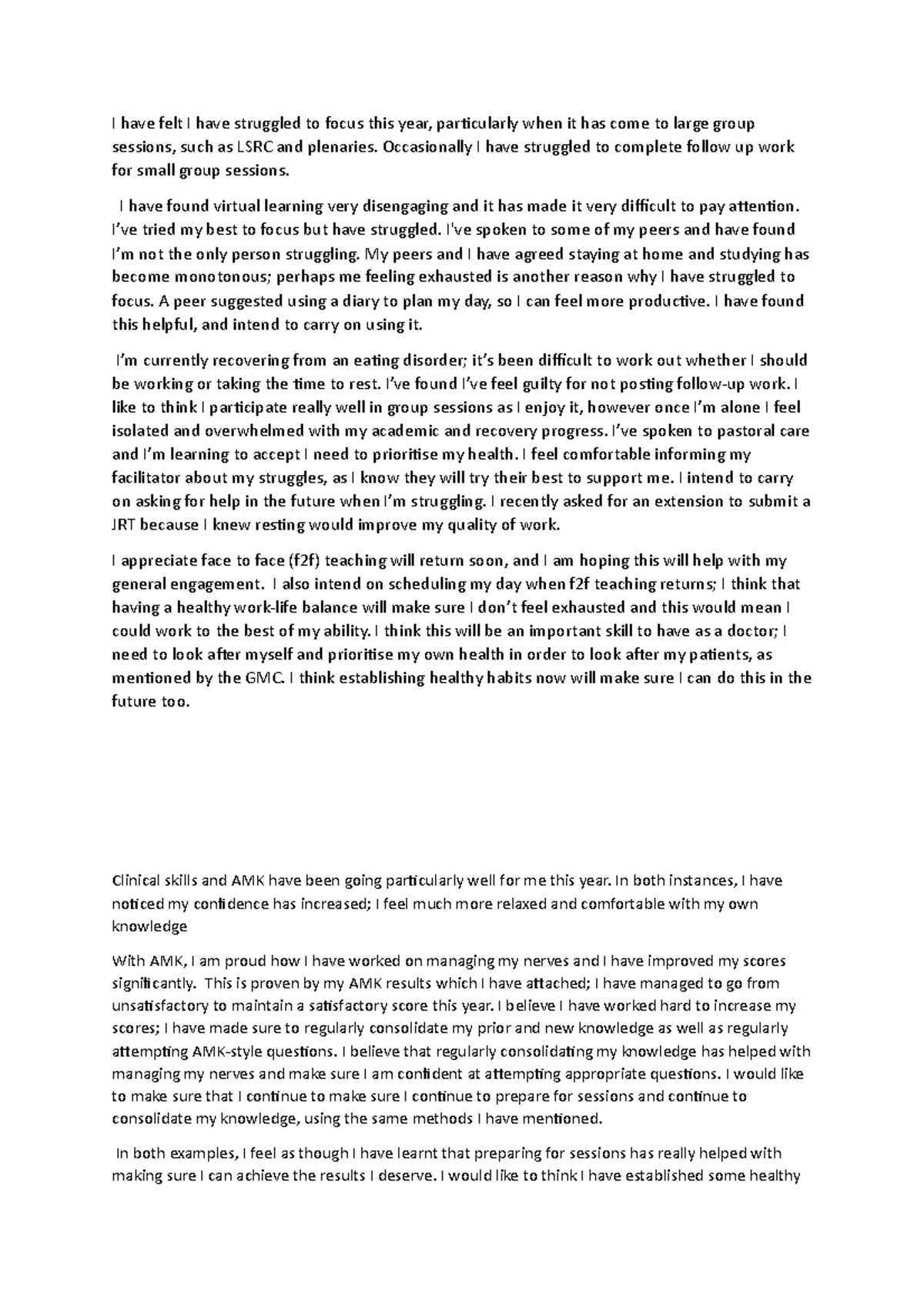 Y2 self reflection - Summary of said topic - I have felt I have ...