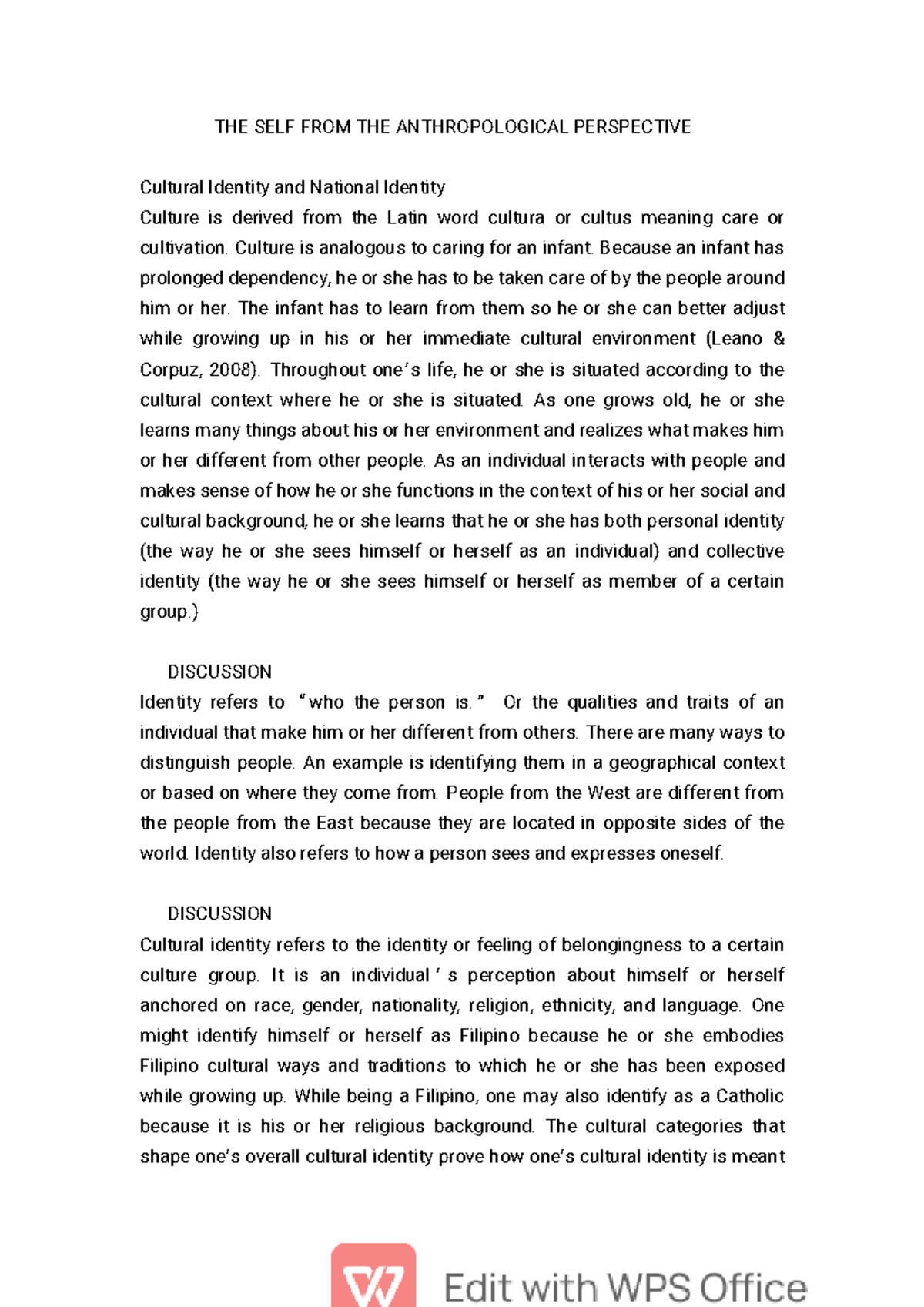 Anthropological Perspective - THE SELF FROM THE ANTHROPOLOGICAL ...