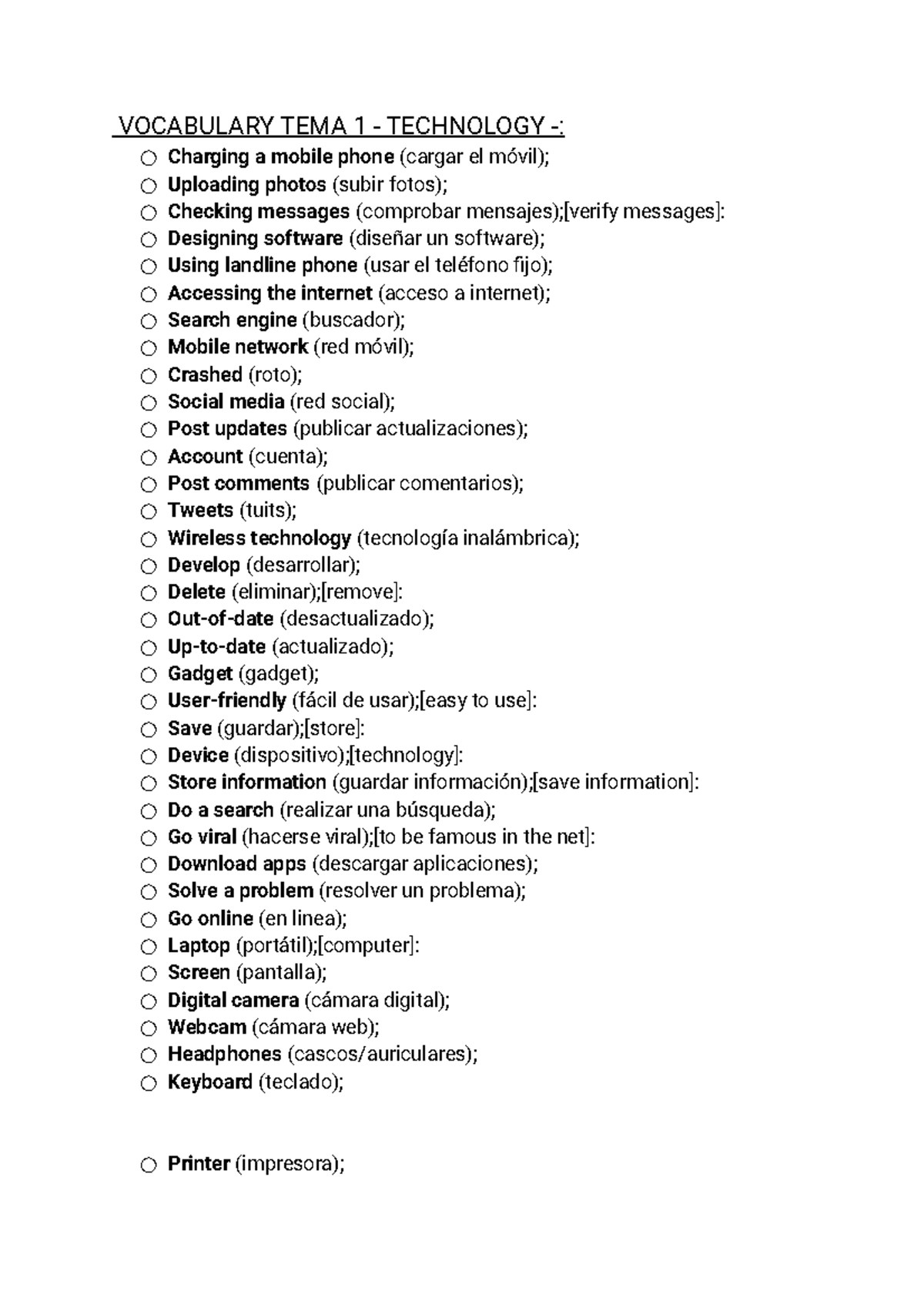 English Vocabulary - VOCABULARY TEMA 1 - TECHNOLOGY -: Charging a ...
