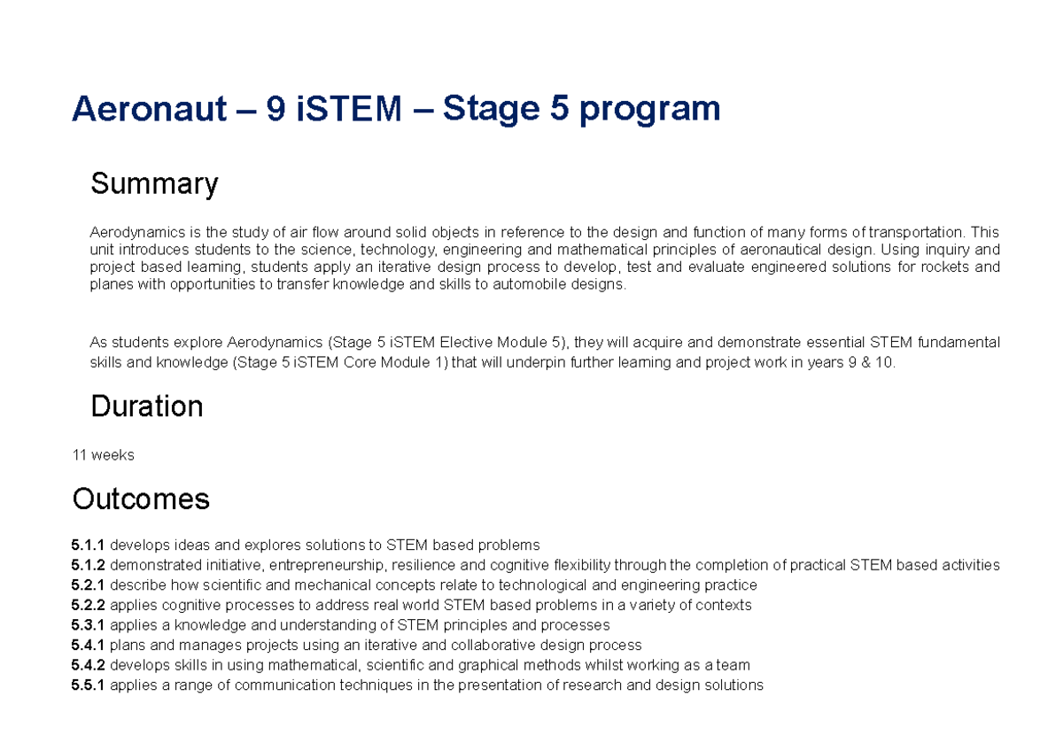 Aeronaut Unit of Work - Aeronaut – 9 iSTEM – Stage 5 program Summary ...