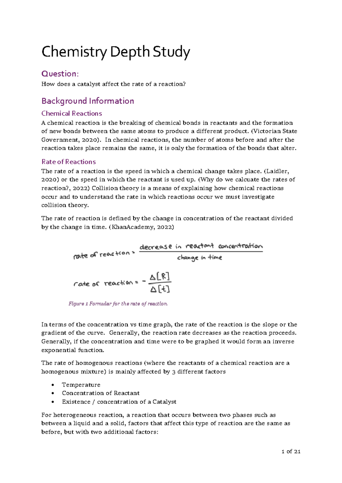 Rate of Reaction 2022 Depth Study - Chemistry Depth Study Question: How ...