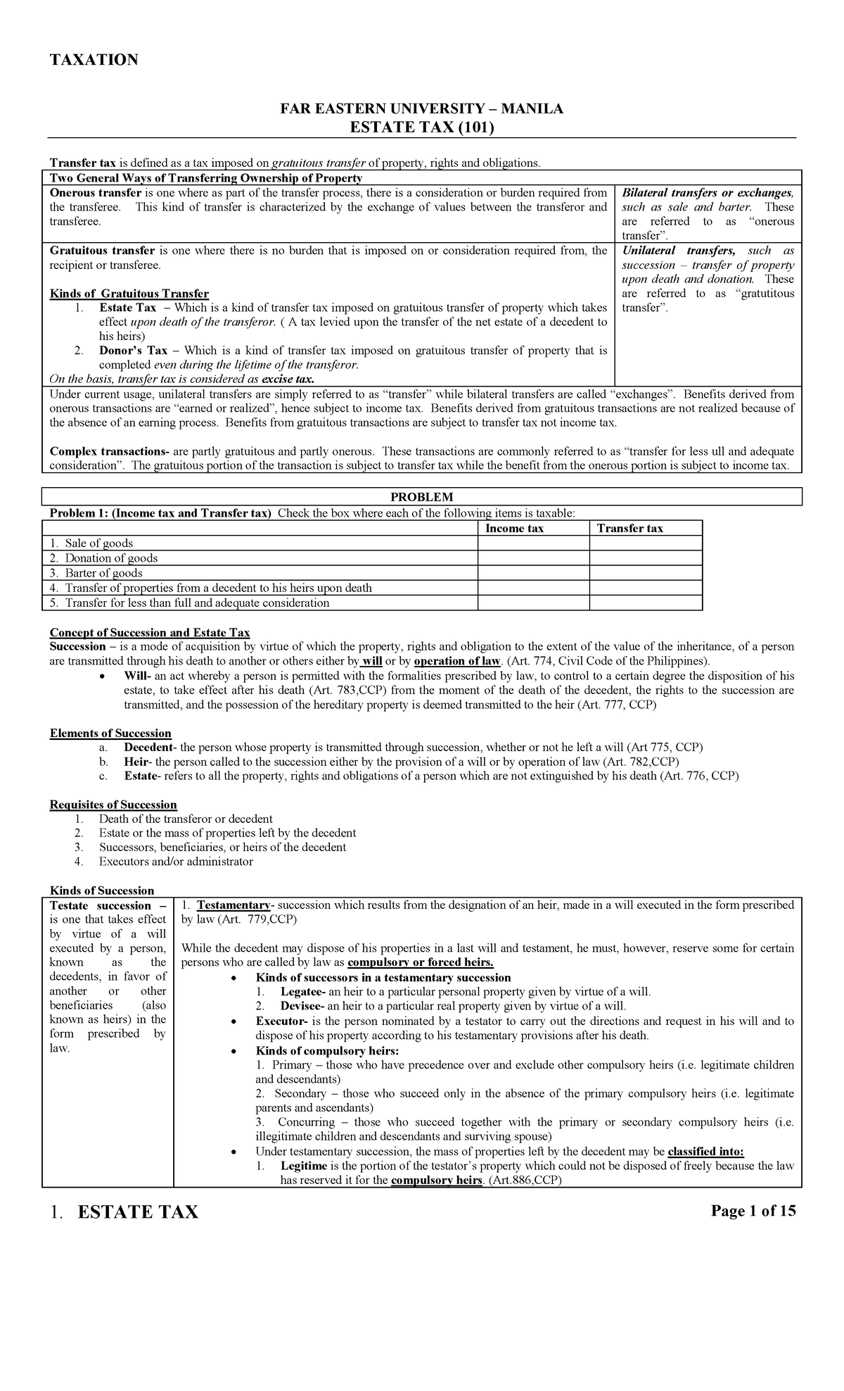 1-Estate-Tax - Estate tax solution - TAXATION FAR EASTERN UNIVERSITY ...