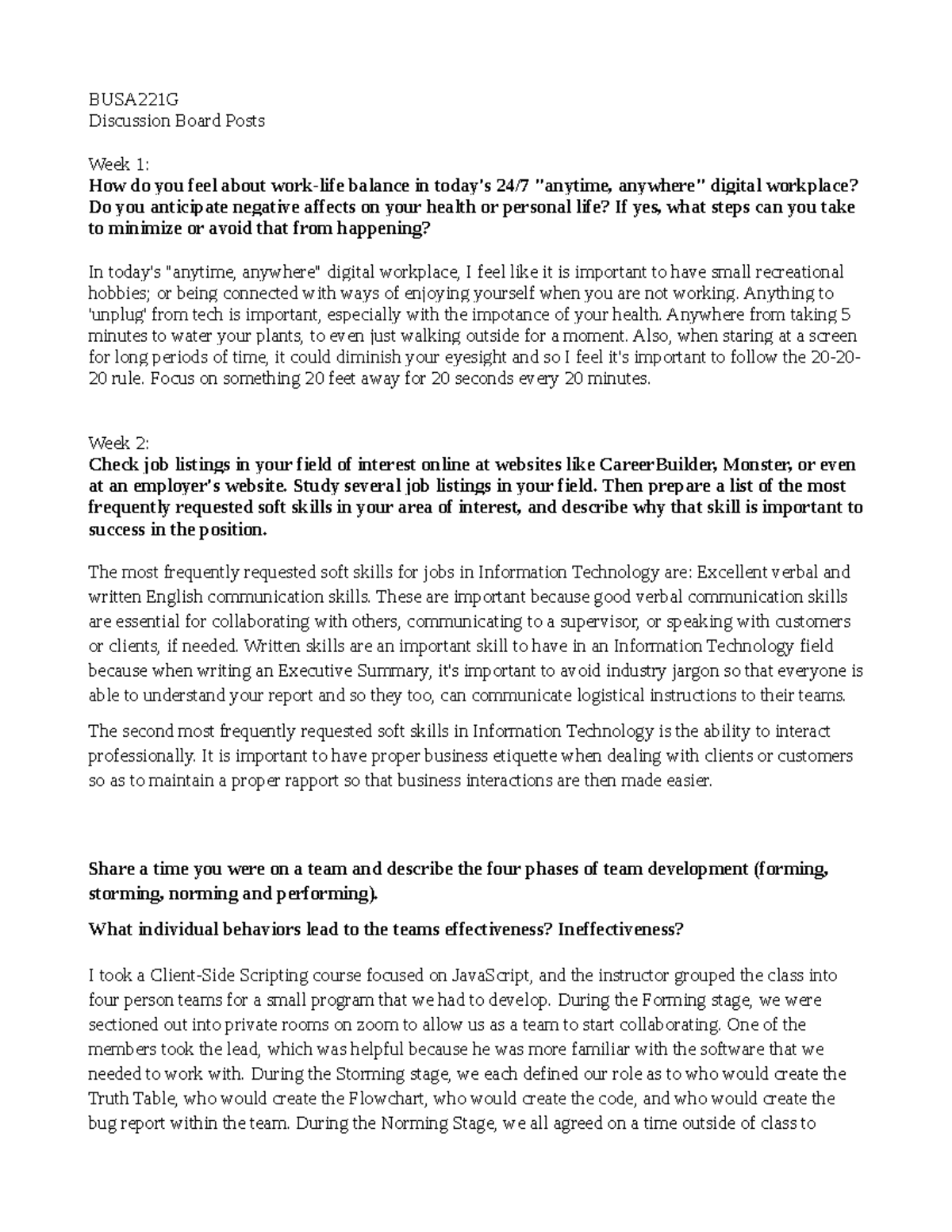 Discussion Board Wk 1-5 - BUSA221G Discussion Board Posts Week 1: How ...