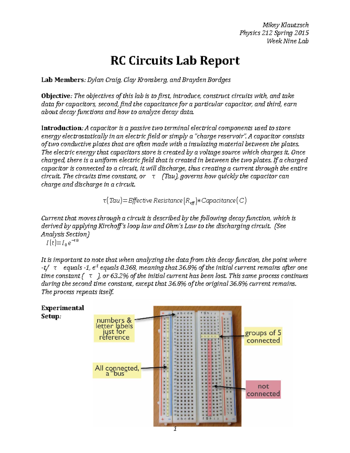RC Circuits Lab Report - Physics 212 Spring 2015 Week Nine Lab RC ...