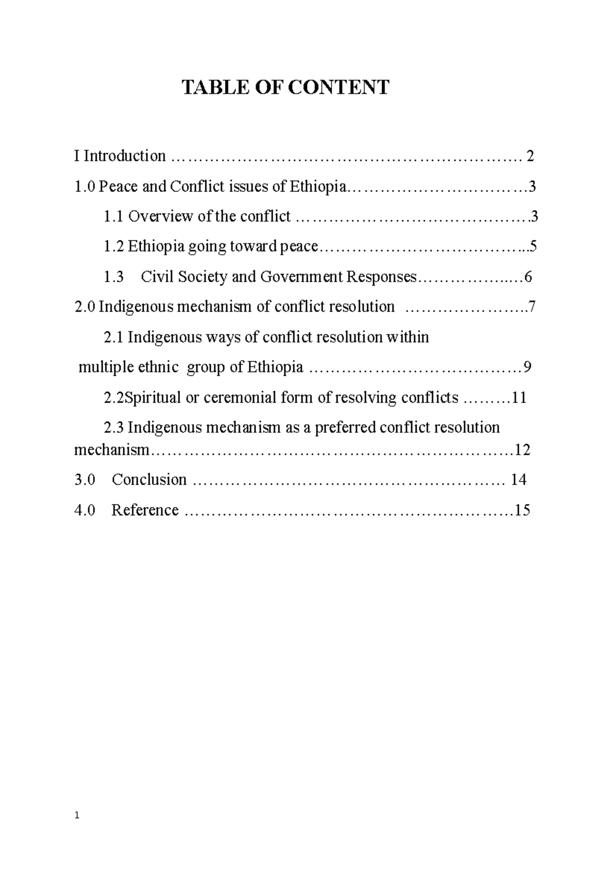 Final peace and conflict - TABLE OF CONTENT I Introduction 1 Peace and ...