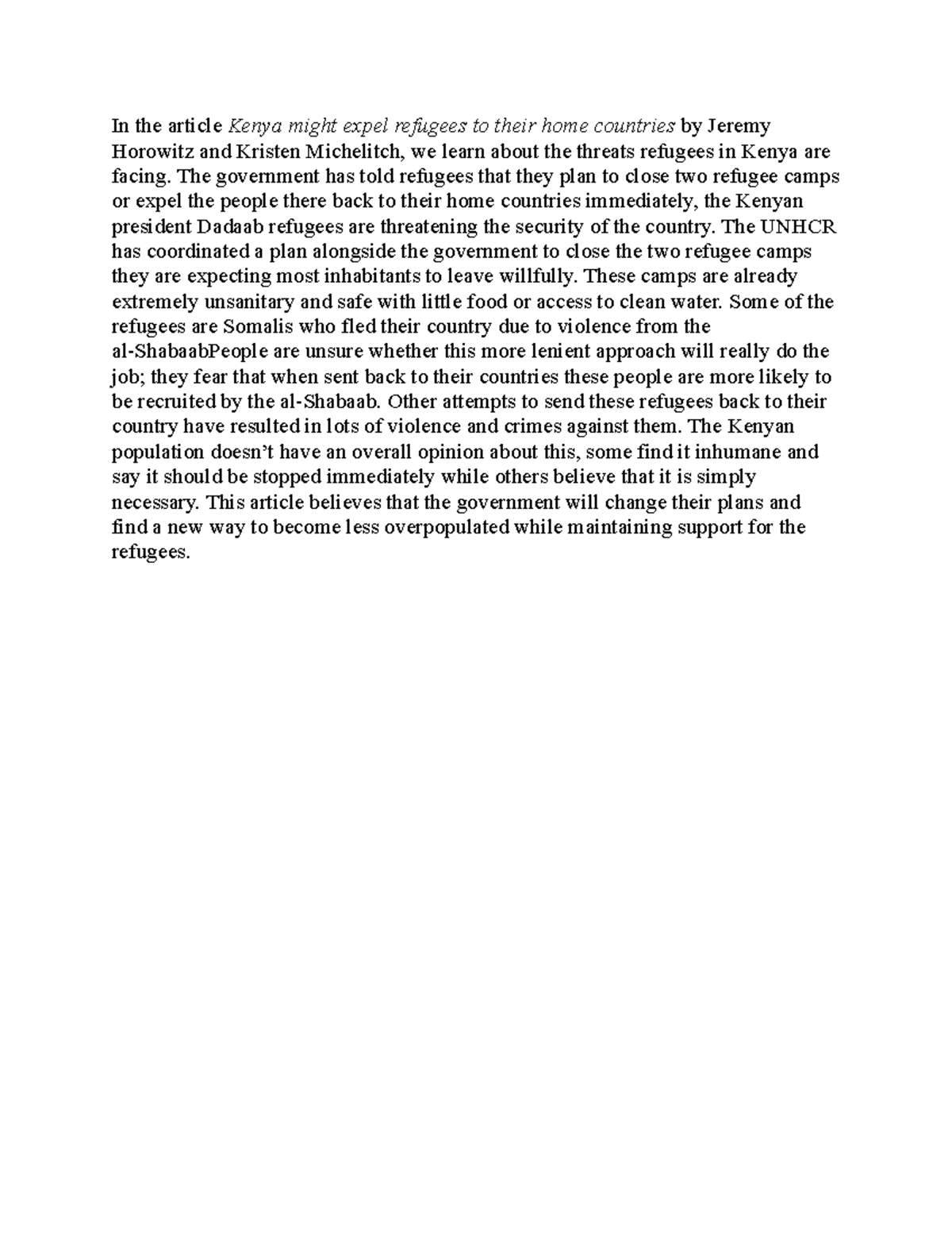 Ap human geo project - In the article Kenya might expel refugees to ...