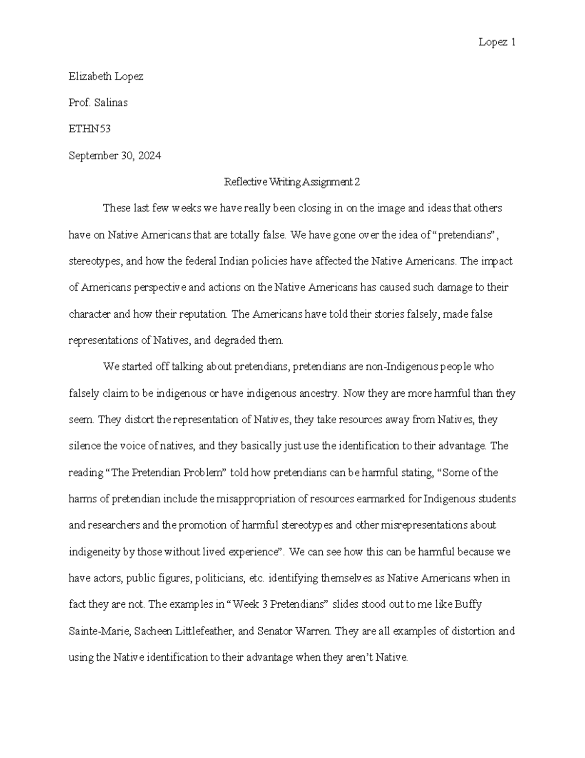 Reflective Writing Assignment 2 - Lopez 1 Elizabeth Lopez Prof. Salinas ...