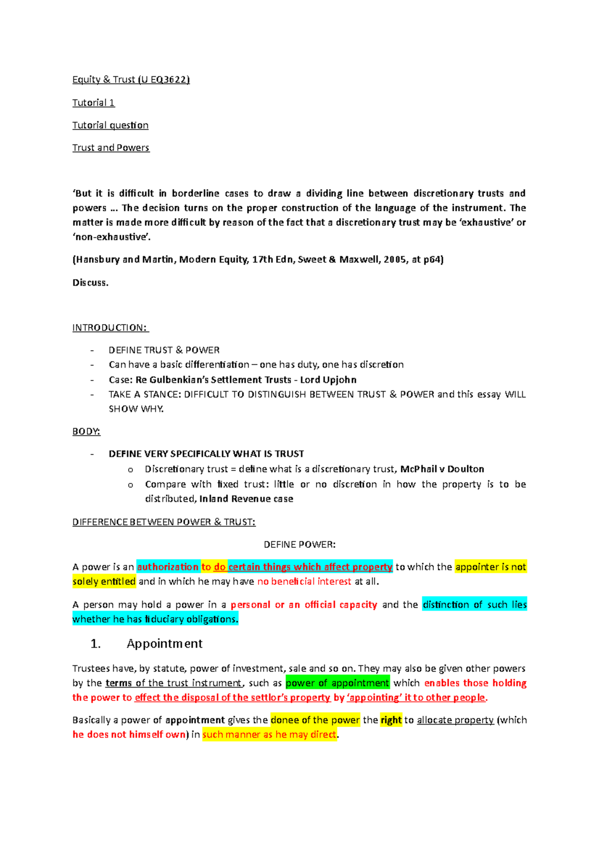 Equity TUTO - Equity & Trust (U EQ3622) Tutorial 1 Tutorial question ...