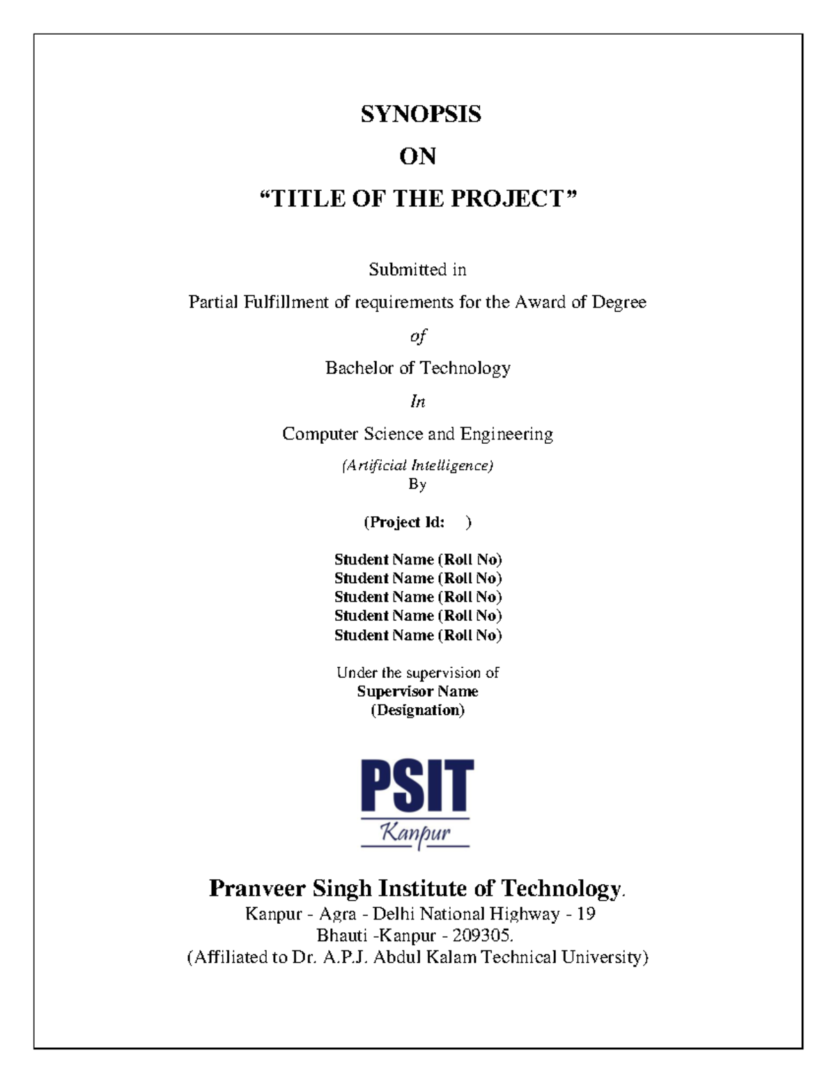 AI Third year Mini Project Synopsis Format 2023 - SYNOPSIS ON “TITLE OF THE PROJECT” Submitted ...