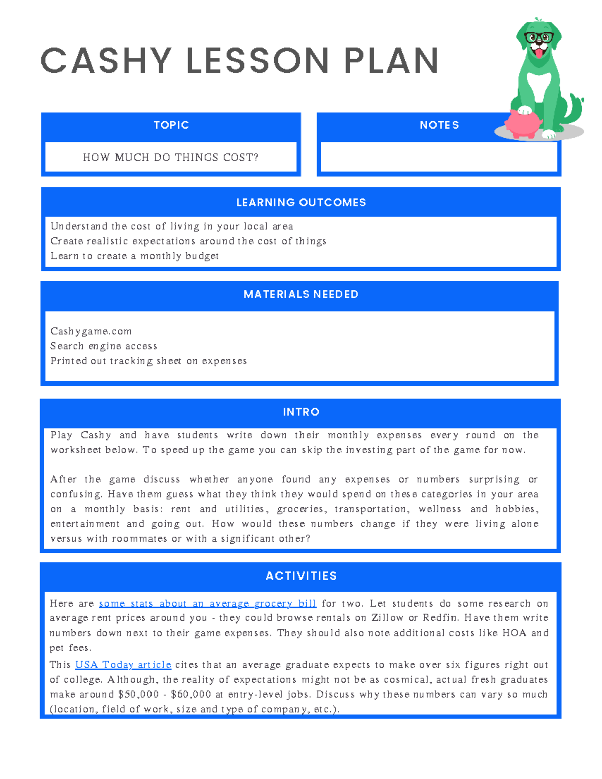 Cashy Cost of Living Lesson Plan and Worksheet - CASHY LESSON PLAN ...
