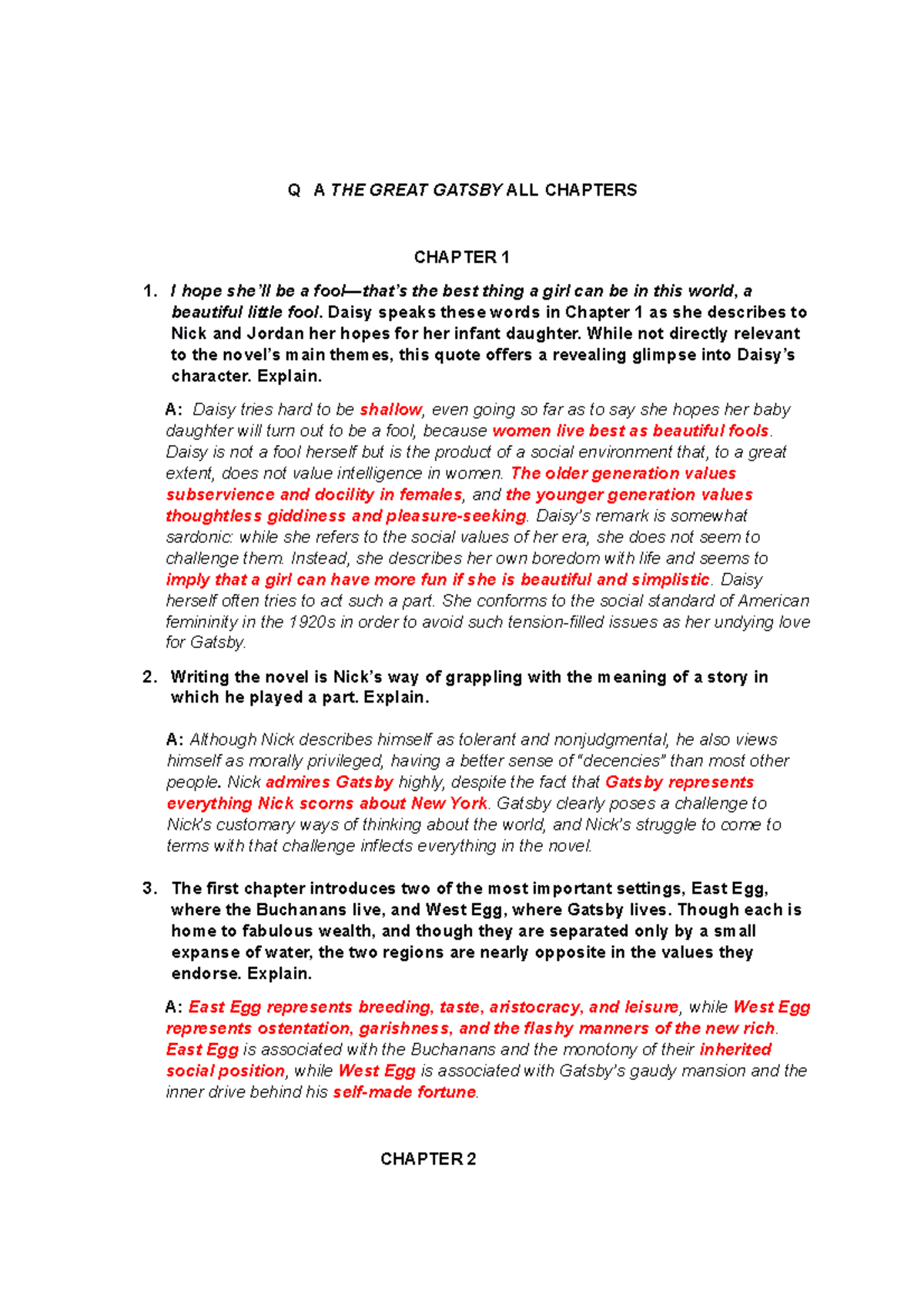 V56 Great Gatsby verwerking Ch 1 - 9 - Teacher's copy - Q A THE GREAT ...