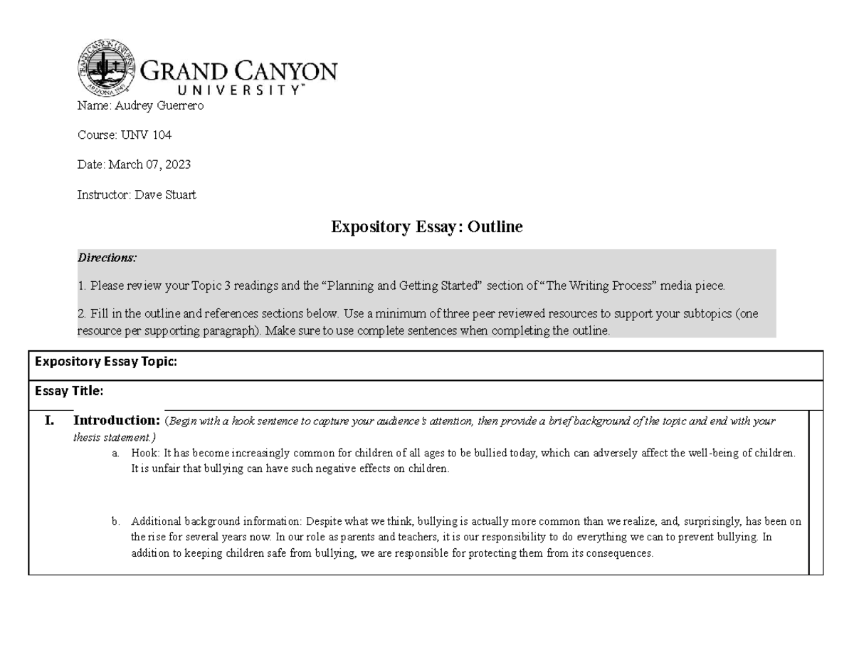 Expository Essay: Outline - Effects of Bullying on Children - Studocu