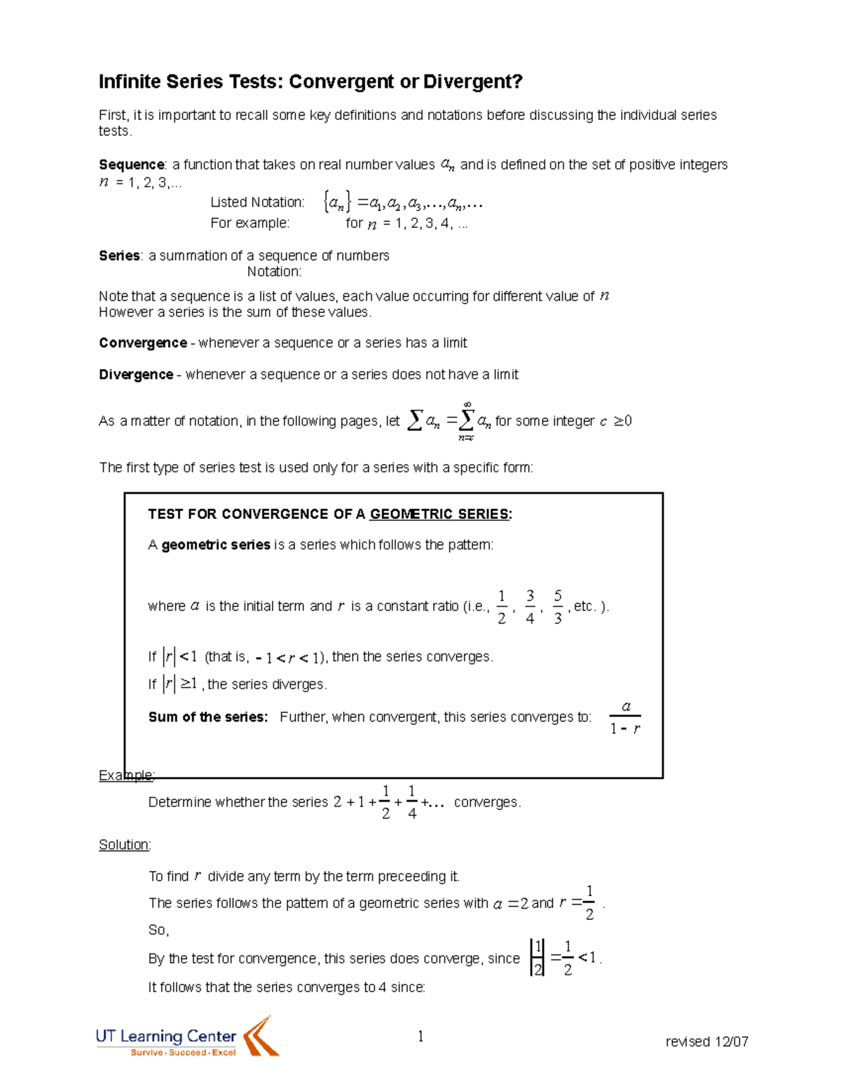 Infinite Series Tests - Advanced Calc - Infinite Series Tests ...