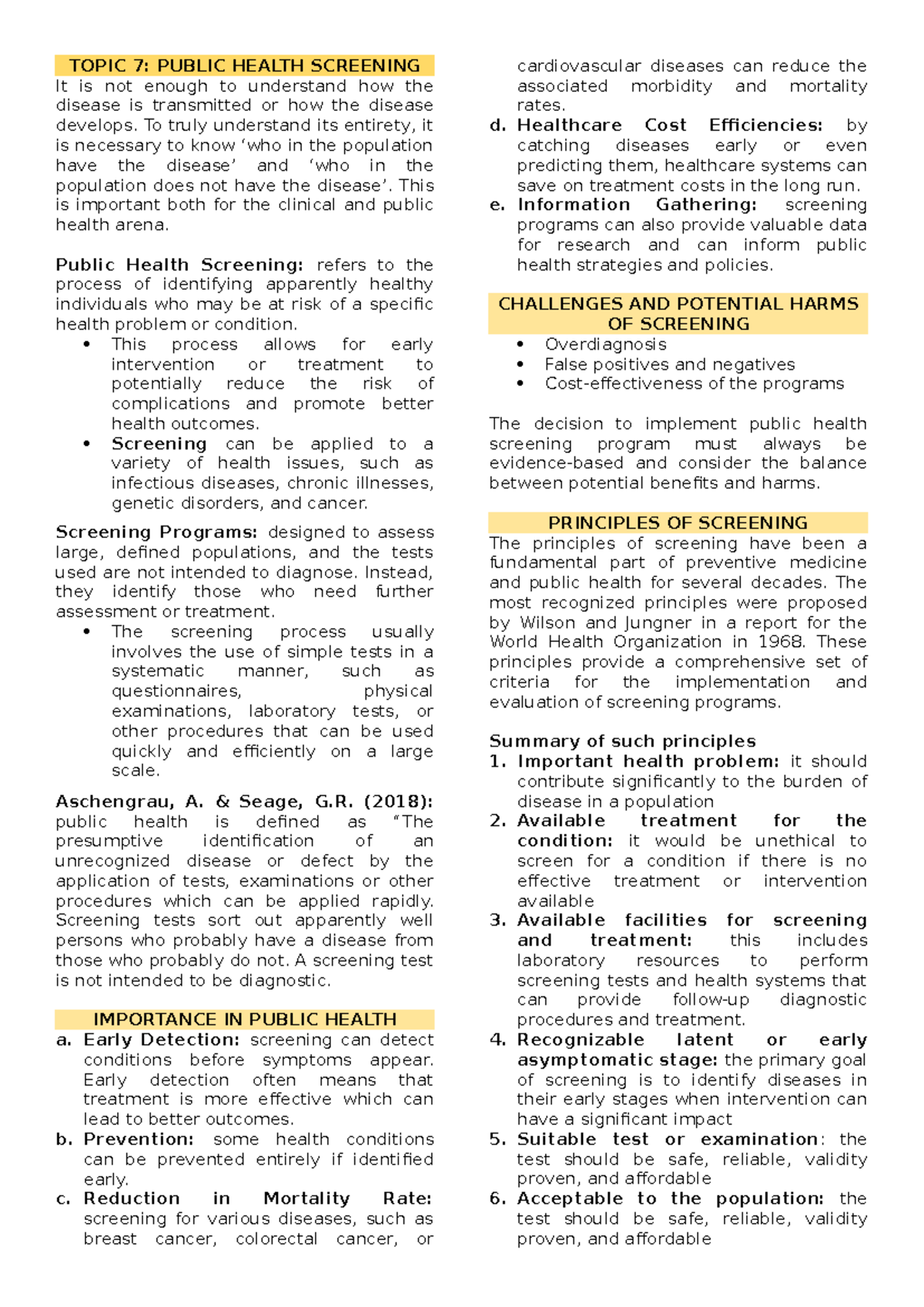 Community Public Health Topics 7-9 - TOPIC 7: PUBLIC HEALTH SCREENING ...