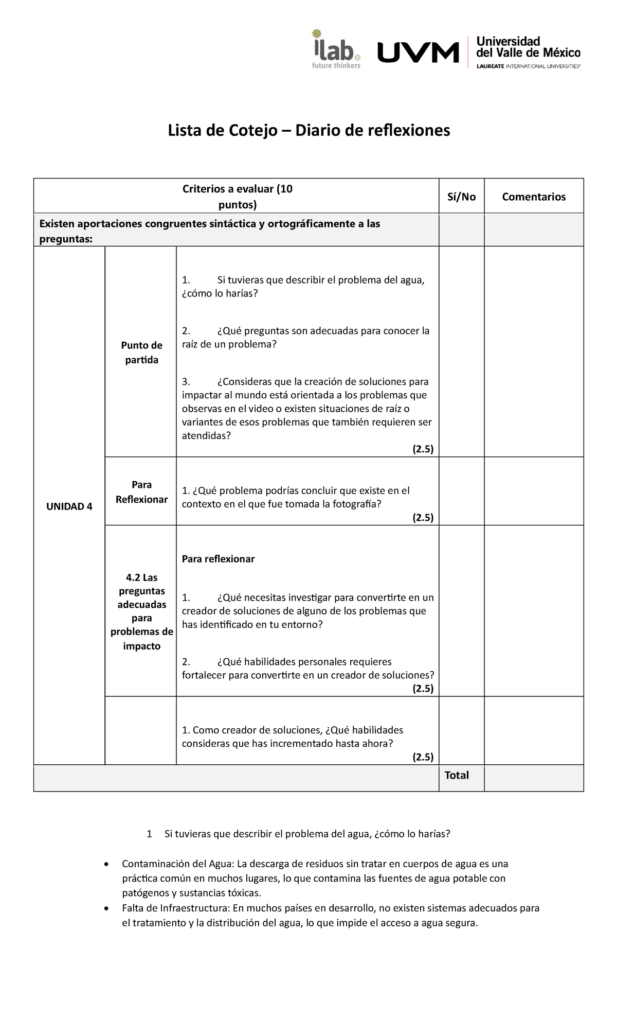 Diario de reflexiones Unidad 4. Identificación de problemas - Lista de Cotejo – Diario de - Studocu