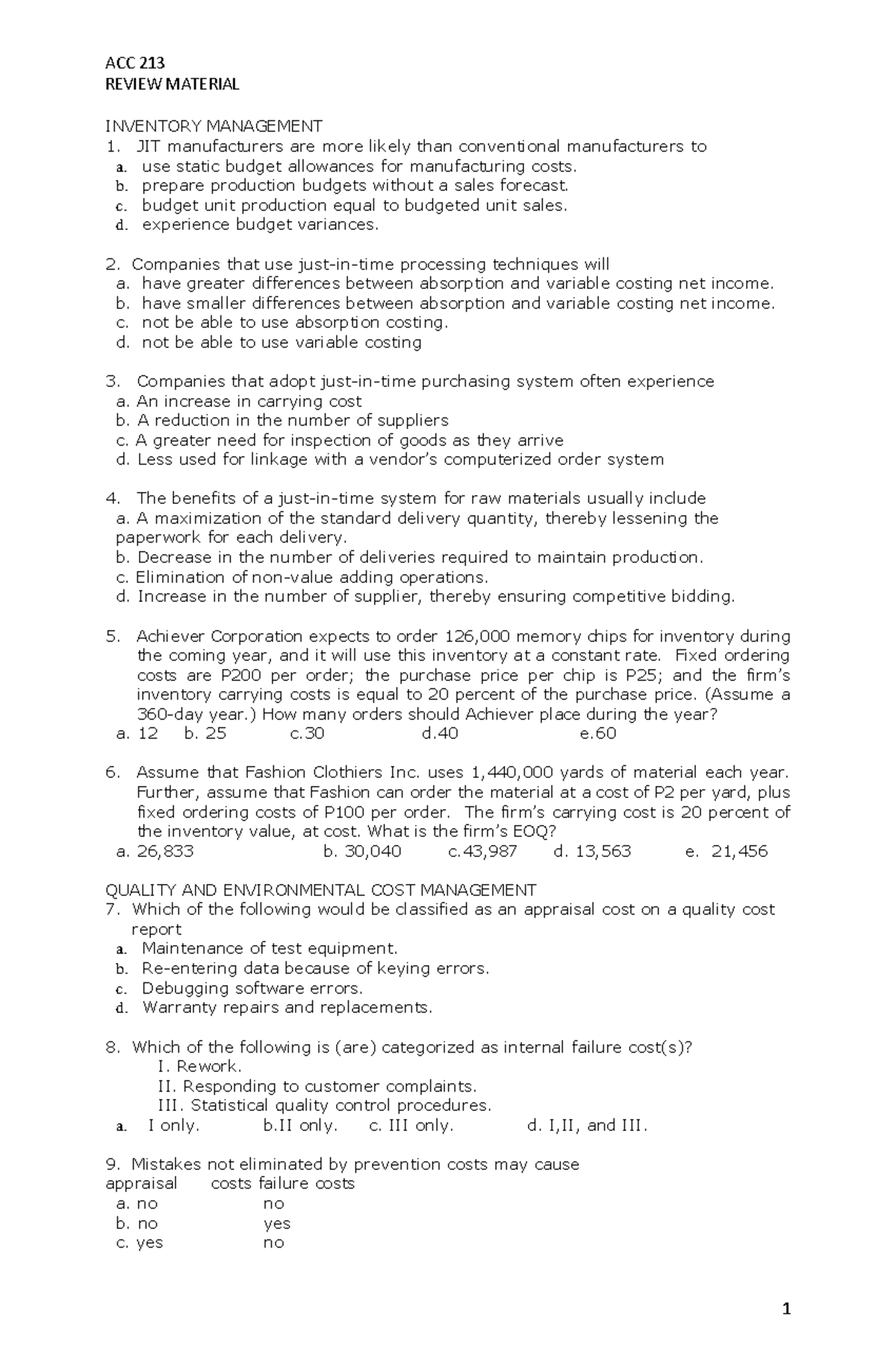ACC 213 Review Material - REVIEW MATERIAL INVENTORY MANAGEMENT JIT ...