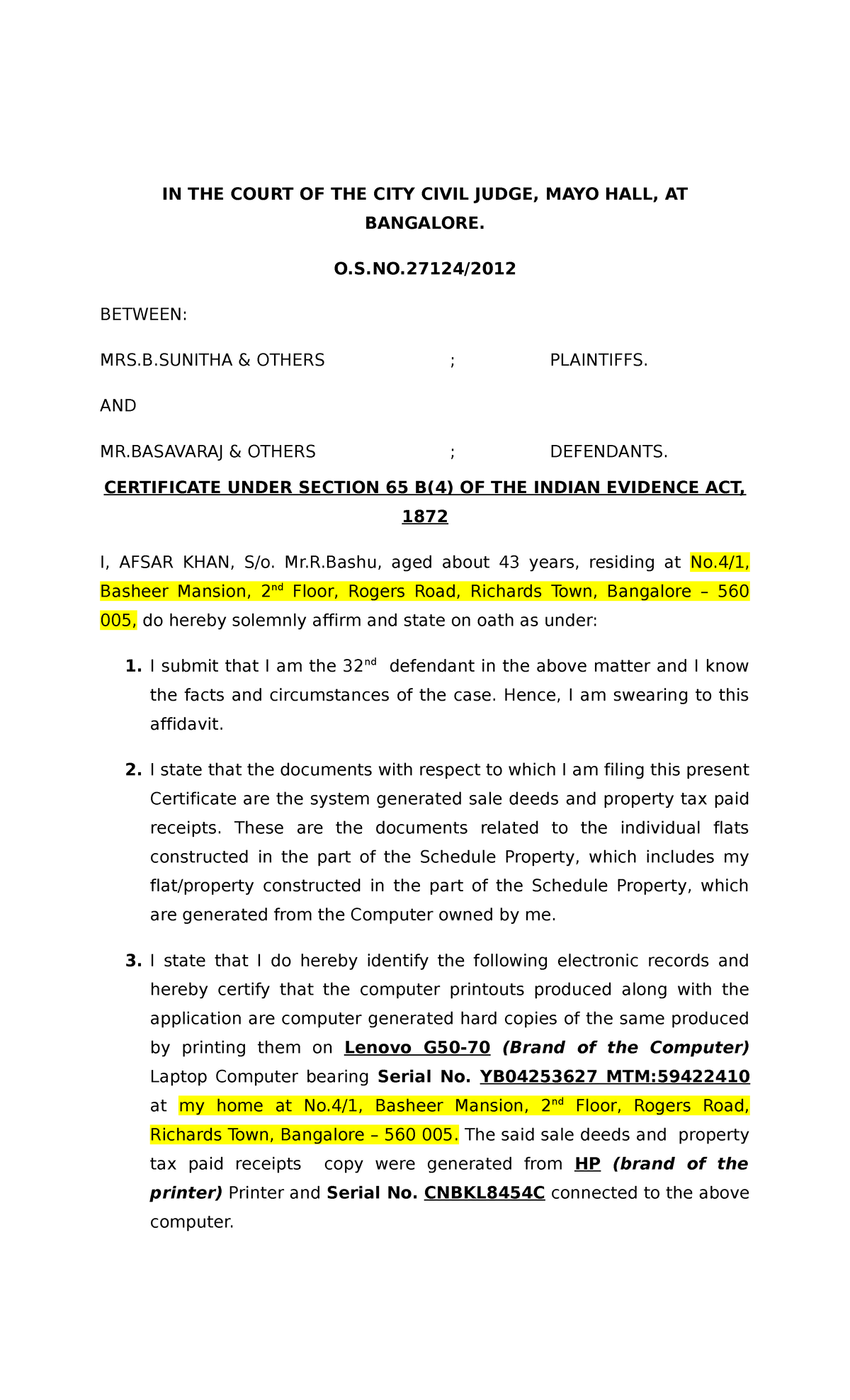 Certificate under Section 65B in OS No.27124 of 2012 (04-10-2023) - IN ...
