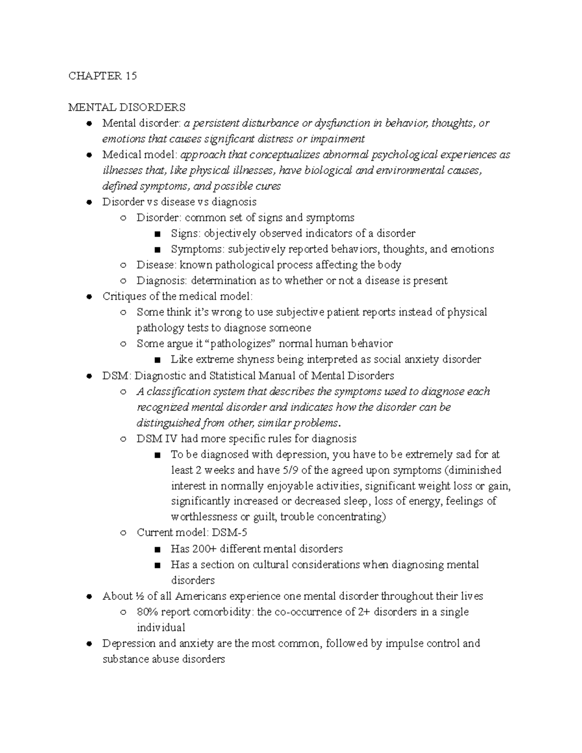 Final Study Guide - CHAPTER 15 MENTAL DISORDERS Mental disorder: a ...