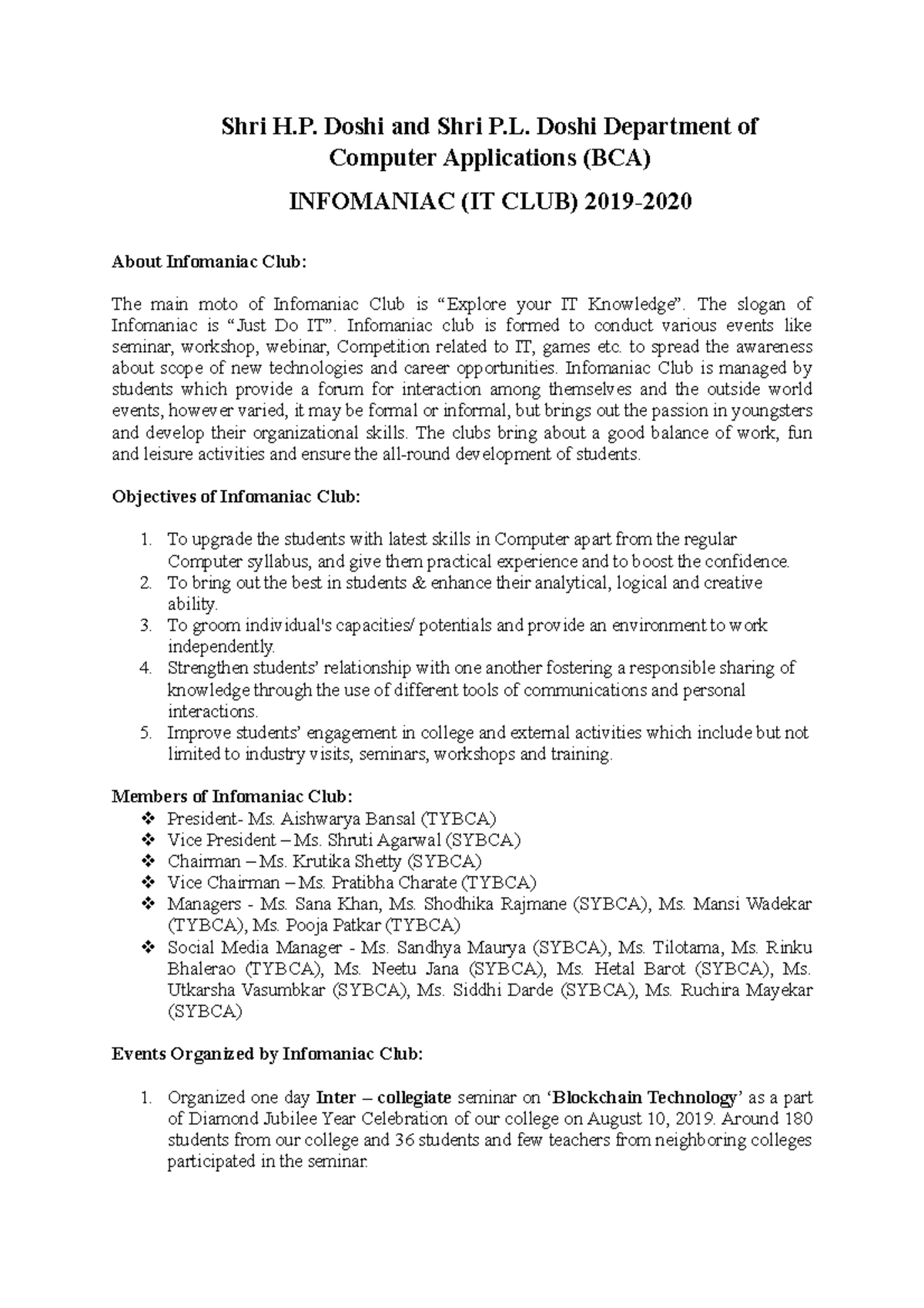 Report of Infomaniac Club 2019-20 - Shri H. Doshi and Shri P. Doshi ...