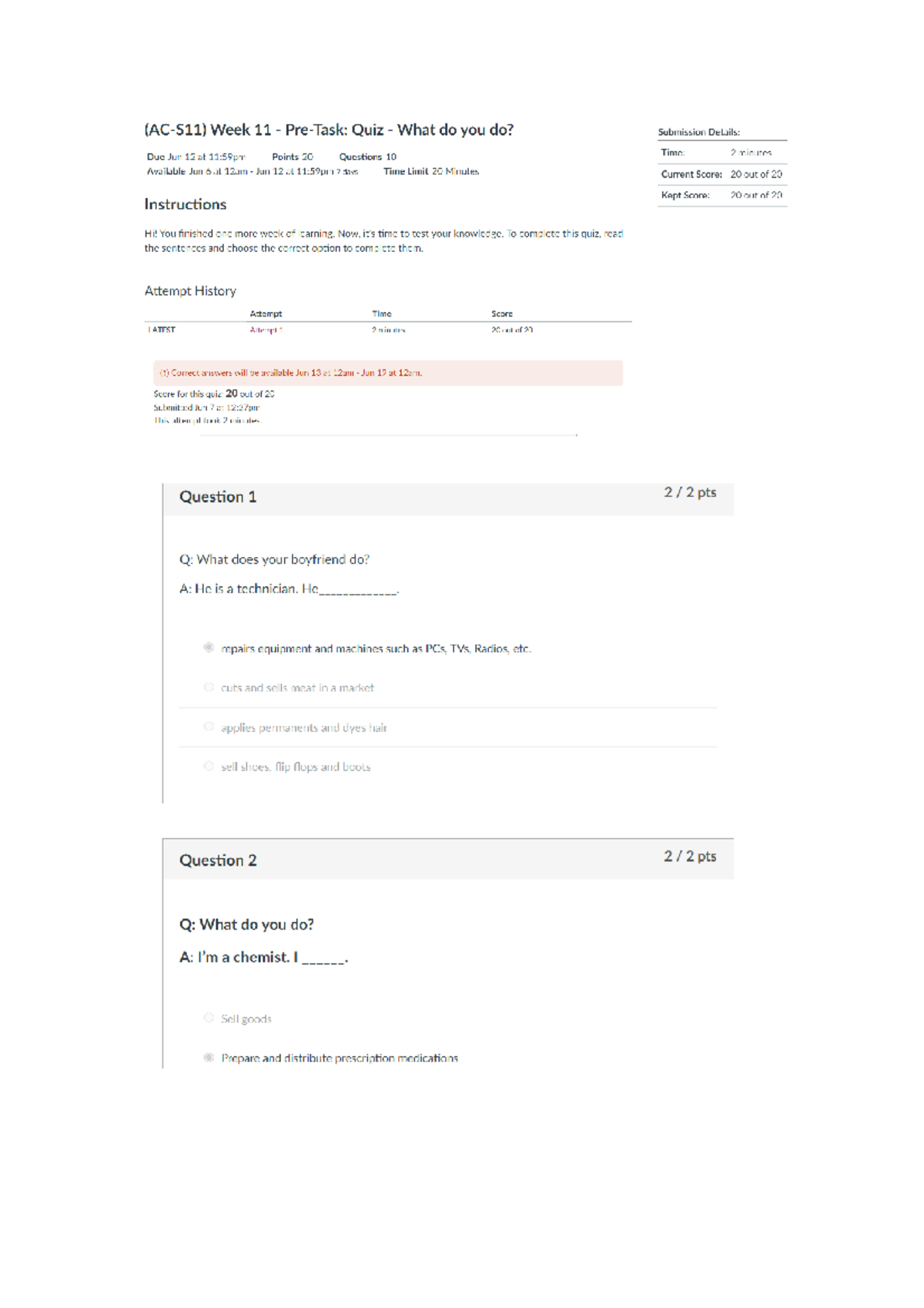 AC-S11 Week 11 Pre-Task Quiz What do you do - Ingles II - Studocu