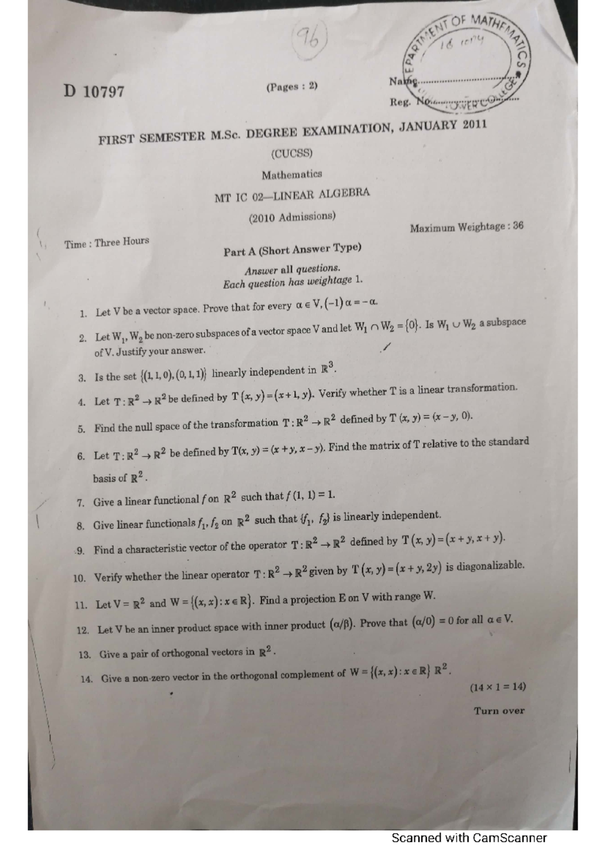 Linear algebra-2 - Previous yrs question papers - Msc. Maths - Studocu