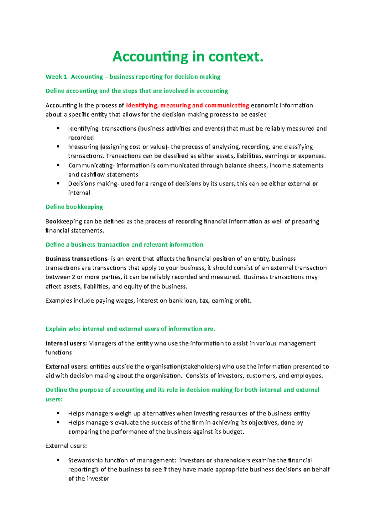 Accounting in context - Lecture notes 1-10 - Accounting in context ...