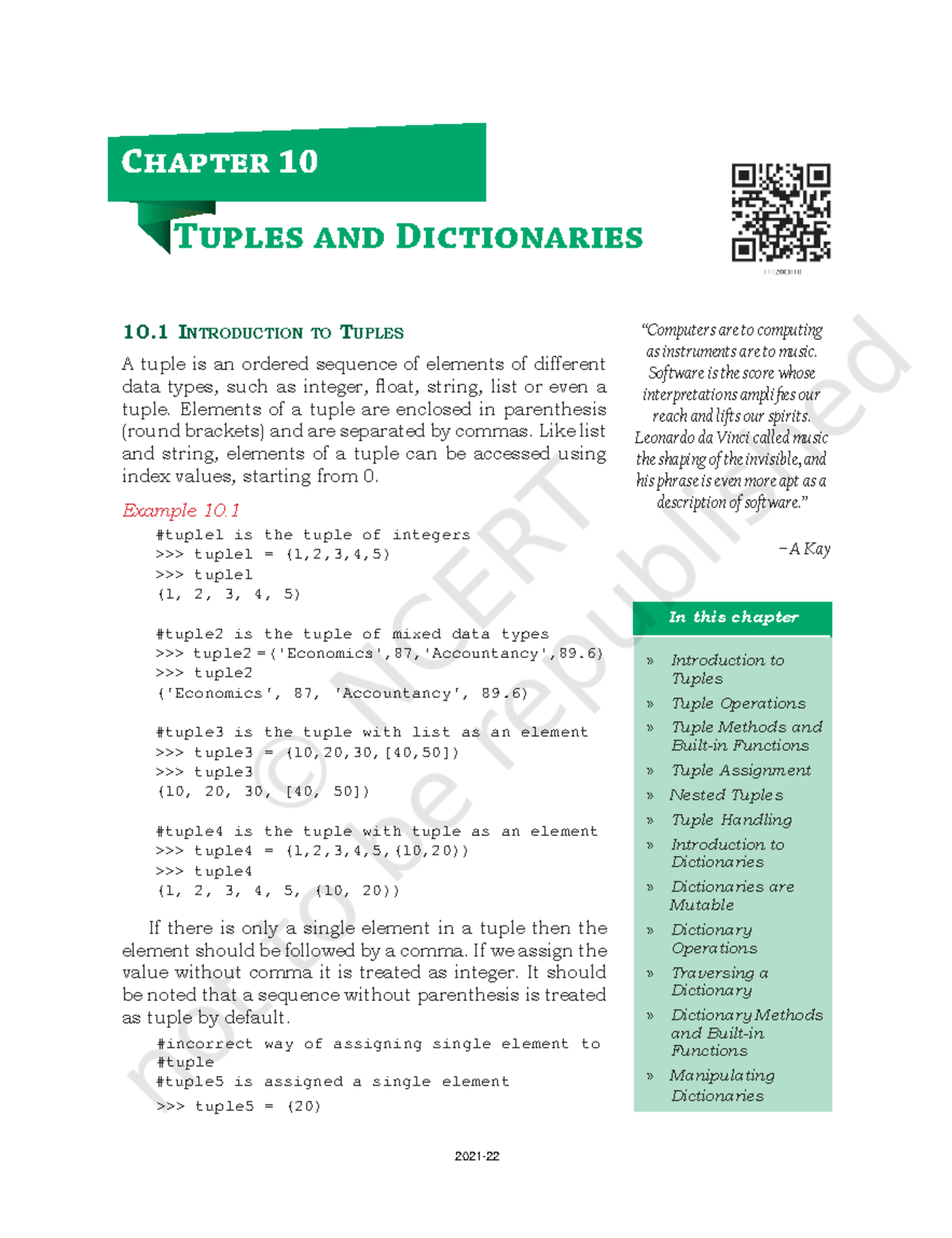 Computer science 10 - 10 IntroductIon to tuples A tuple is an ordered ...