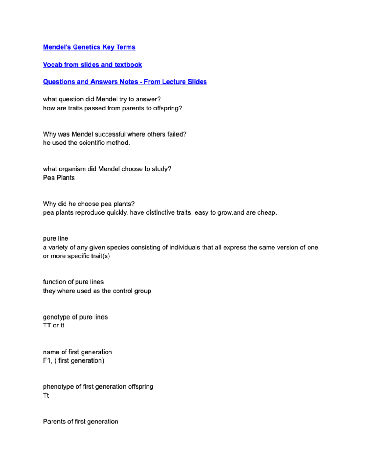 Bio 222 Mendel's Genetics Questions and Answers Notes - From Lecture ...