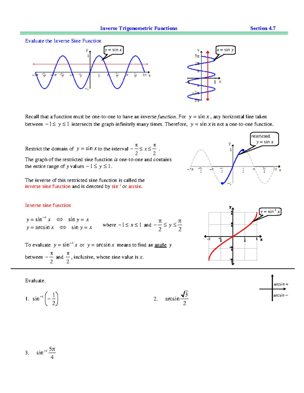 4.7 Inverse Trigonometric Functions - Evaluate the Inverse Sine ...