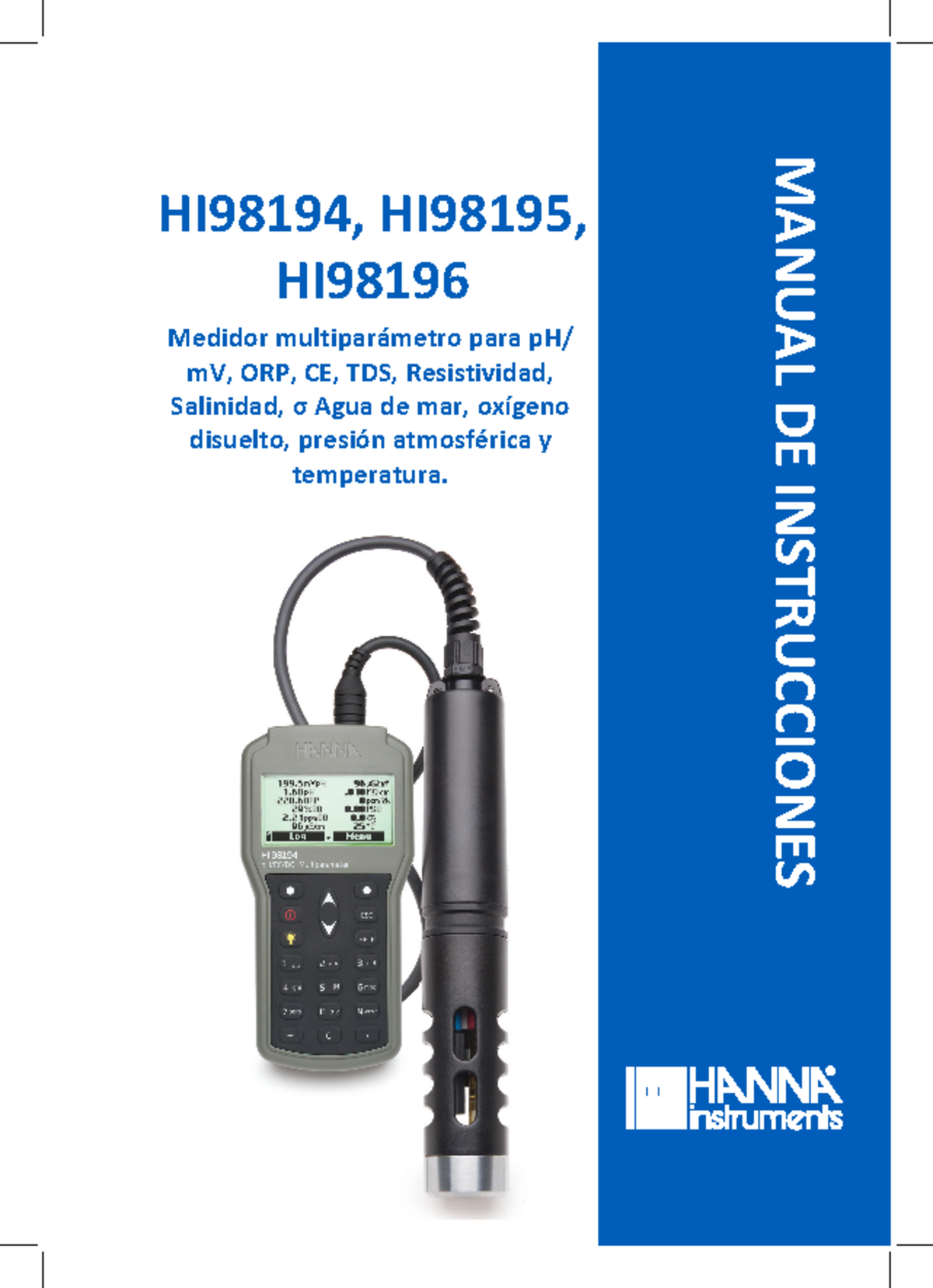 Manual HI 98194 Multiparámetro Hanna - ,/εΘϭεκ͕ ,/εΘϭερ͕ ,/εΘϭες DĞĚŝĚŽƌ ŵƵůƚŝƉĂƌĄŵĞƚƌŽ ƉĂƌĂ Ɖ,ͬ ...