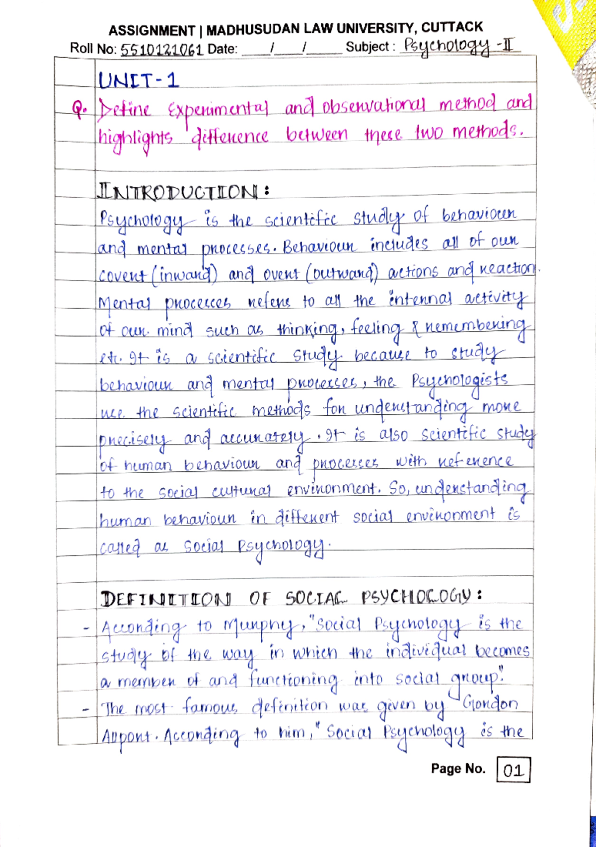 PSY Assignment 1-1 - Help - ASSIGNMENT | MADHUSUDAN LAW UNIVERSITY,CUTTACK Roll No: 5510121061 ...